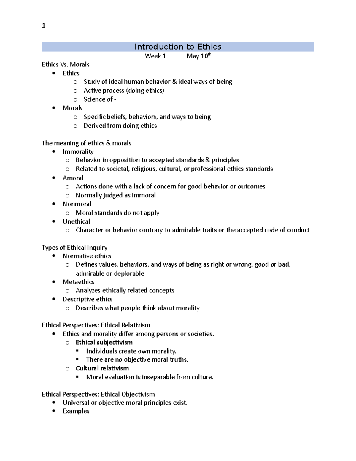 Introduction to Ethics - Introduction to Ethics Week 1 May 10th Ethics ...
