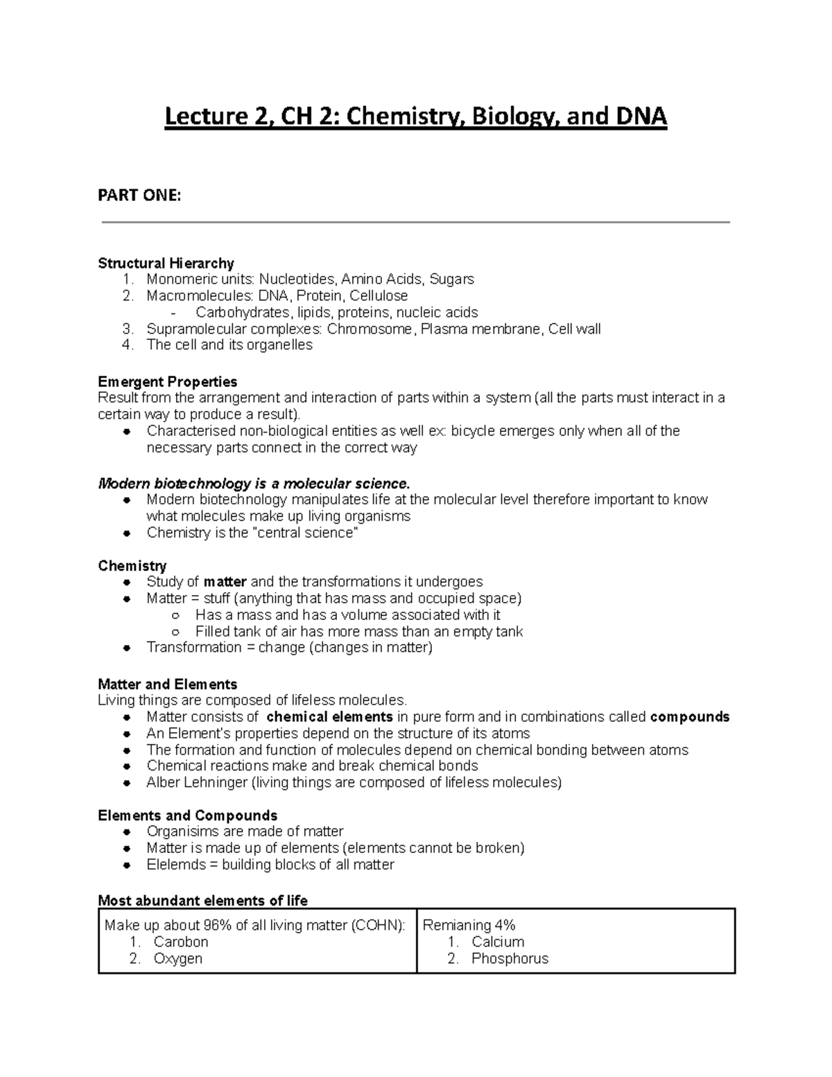 BIOL 1010 - Lecture 2, CH 2 - Lecture 2, CH 2: Chemistry, Biology, and DNA PART ONE: Structural ...