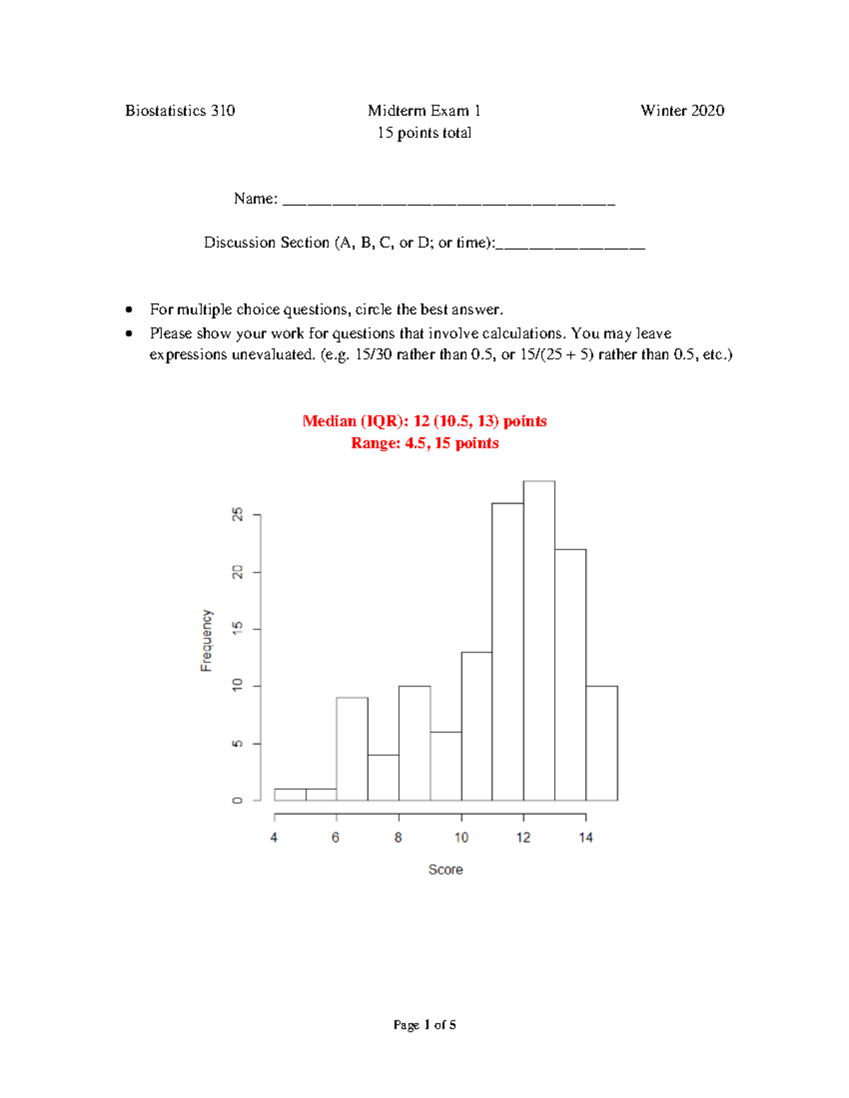 Biost 310Midterm 1Winter 2020Solutions - Biostatistics 310 Midterm Exam 1 Winter 2020 15 points ...