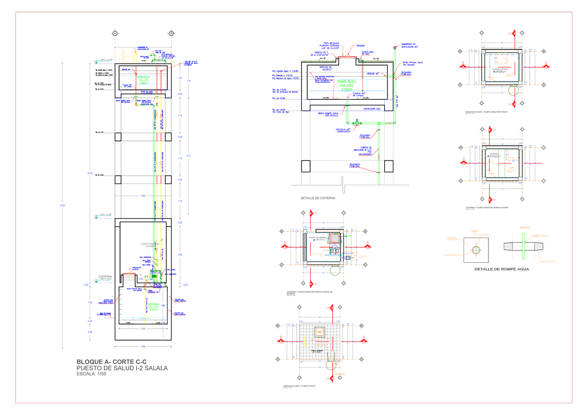 1 Plantilla Plano Tanque - Cisterna-ARQ-SANT - TANQ. ELEV. VOL UTIL 4 DETALLE DE CISTERNA Esc. 1 ...