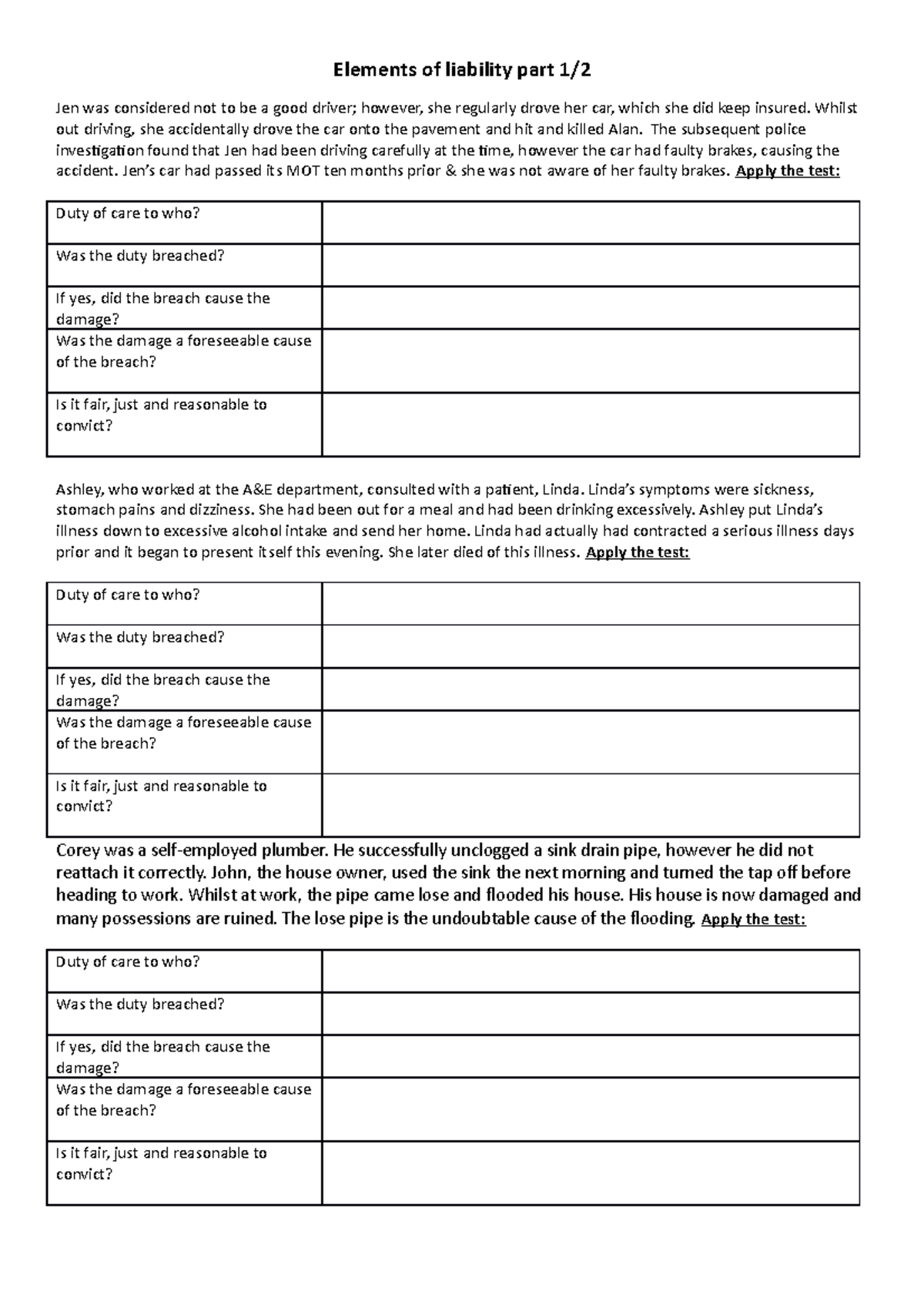 Three part test scenarios- session 1 - Elements of liability part 1 ...