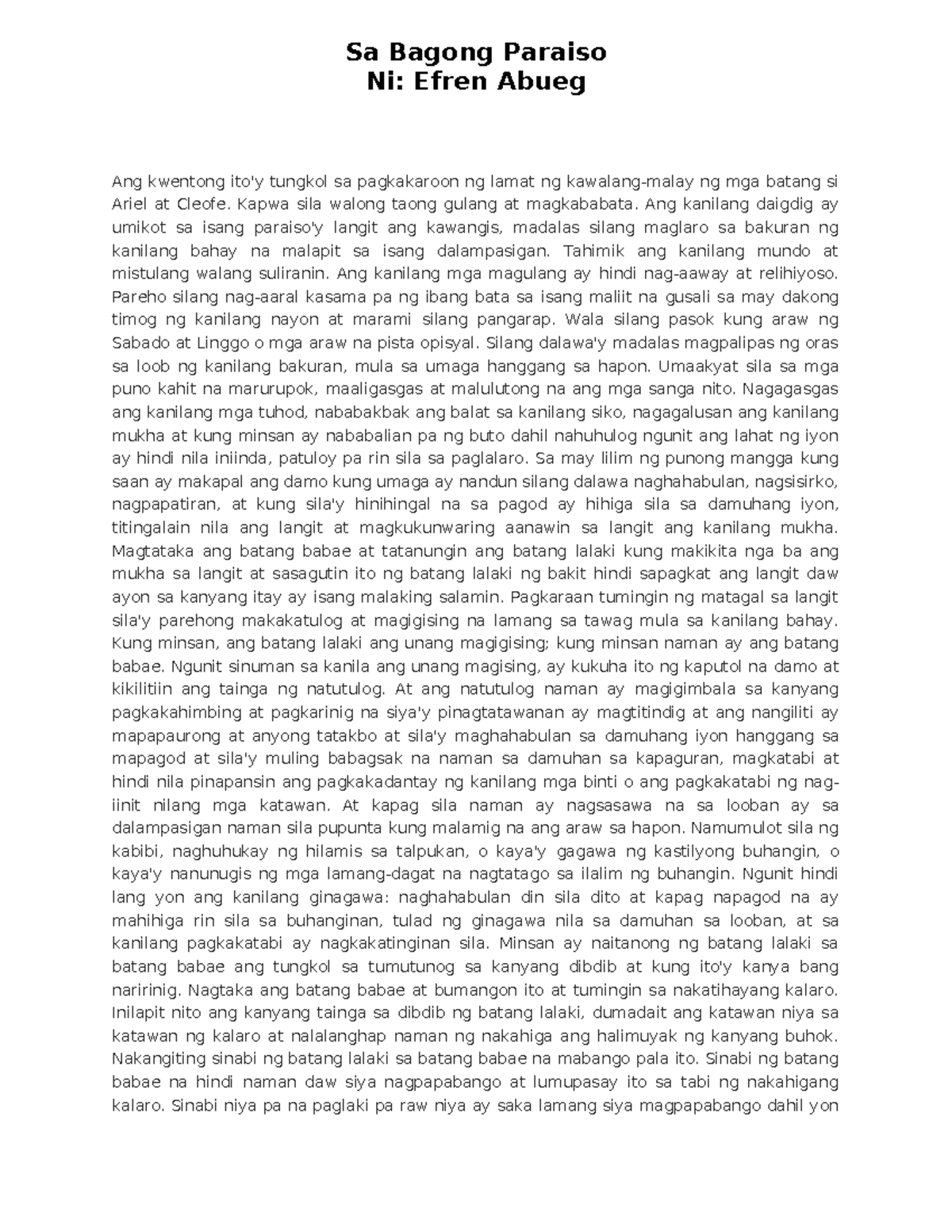 Bagong Paraiso ni Efren Abueg - Ang kwentong ito'y tungkol sa pagkakaroon ng lamat ng kawalang ...