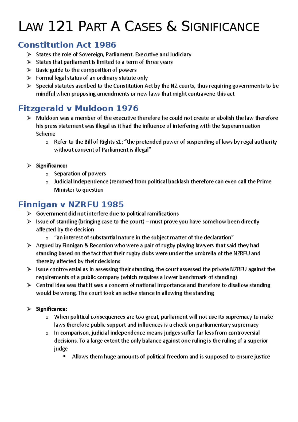 Law 121 Part A Notes - LAW 121 PART A CASES & SIGNIFICANCE Constitution ...