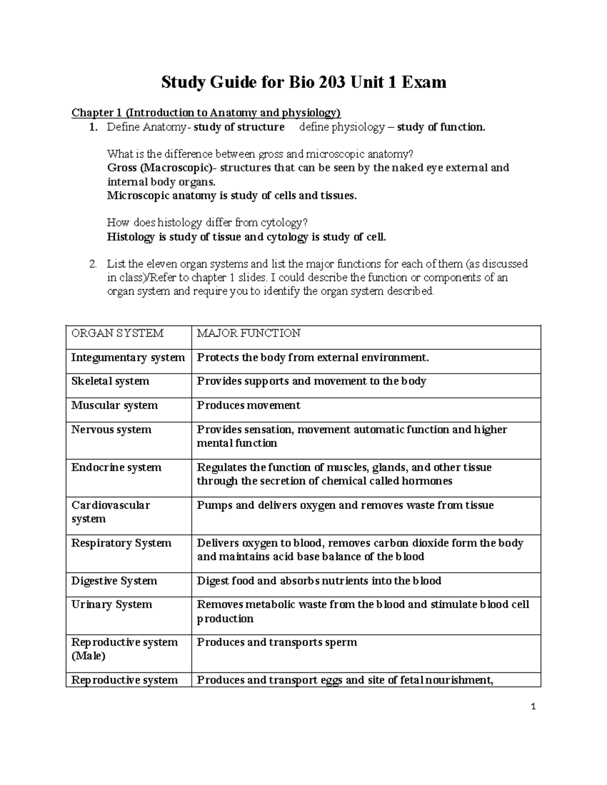 A&P Ch1 Study Guide - Study Guide for Bio 203 Unit 1 Exam Chapter 1 ...