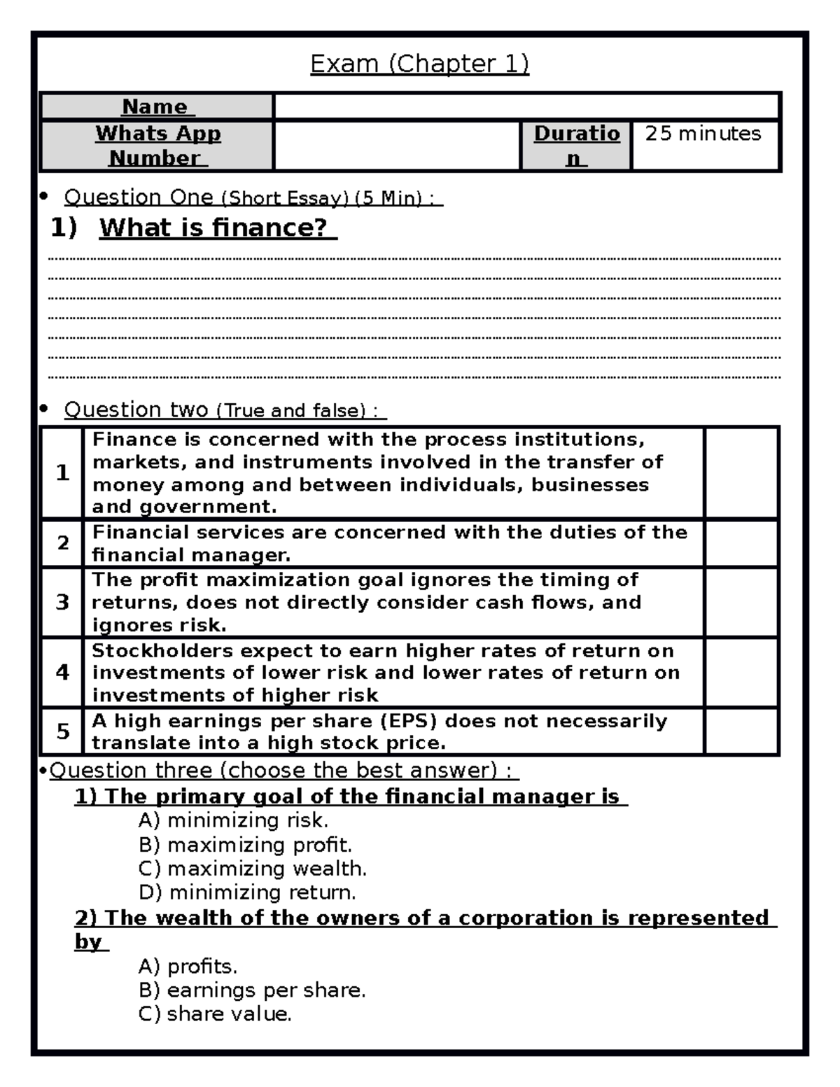 Exam 1 - ghmh - Exam (Chapter 1) Name Whats App Number Duratio n 25 ...