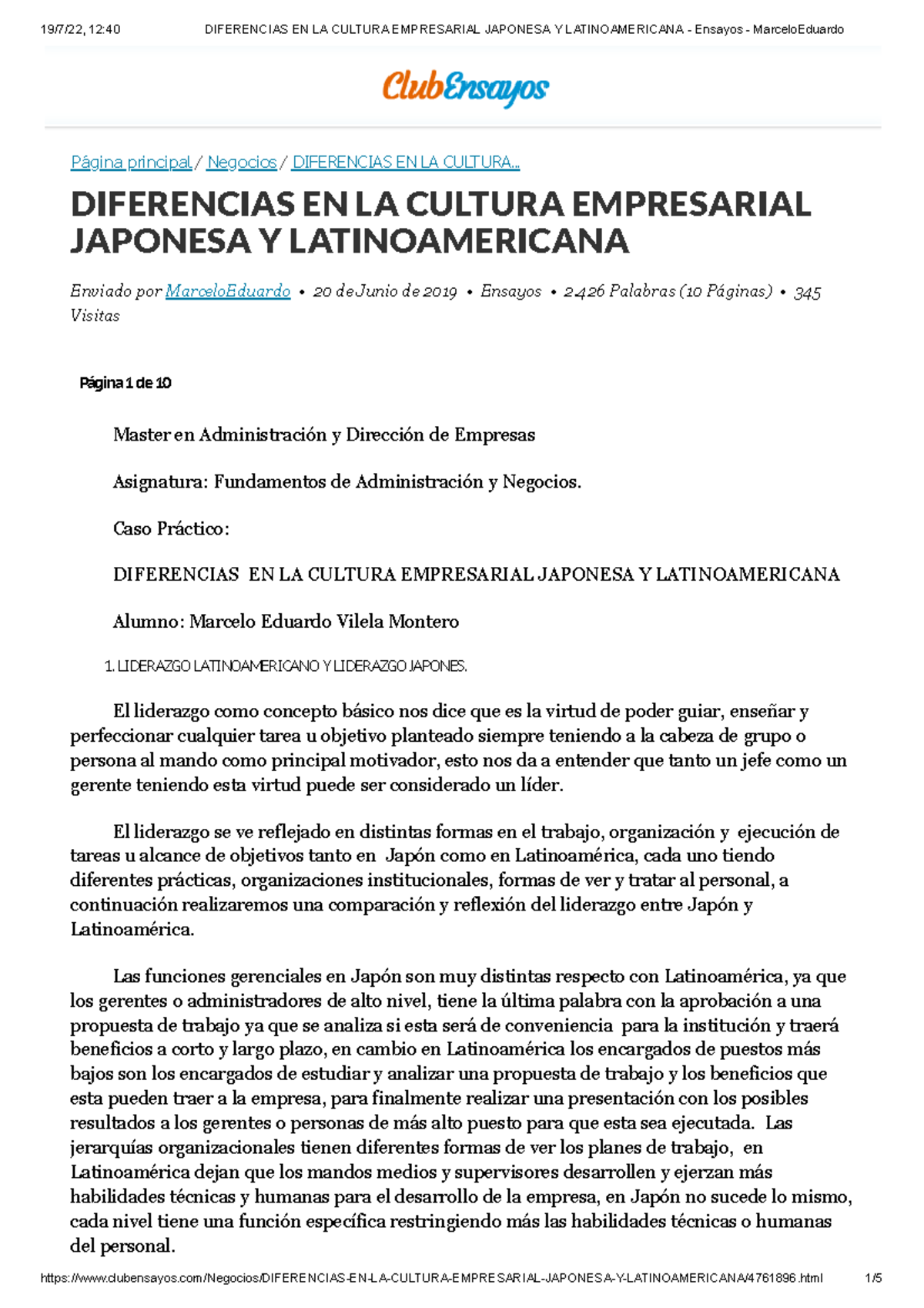 Diferencias EN LA Cultura Empresarial Japonesa Y Latinoamericana - Ensayos - Marcelo Eduardo ...