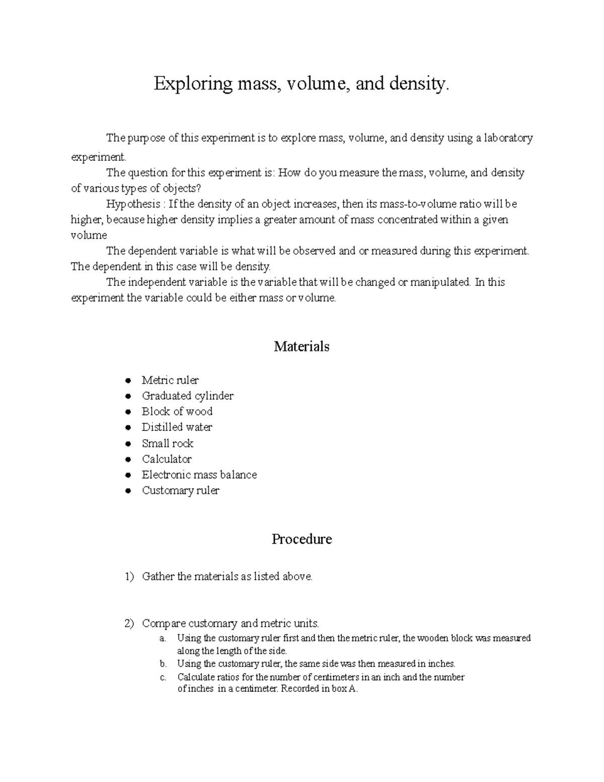 Exploring Mass Volume and Density in a Laboratory Experiment - Studocu