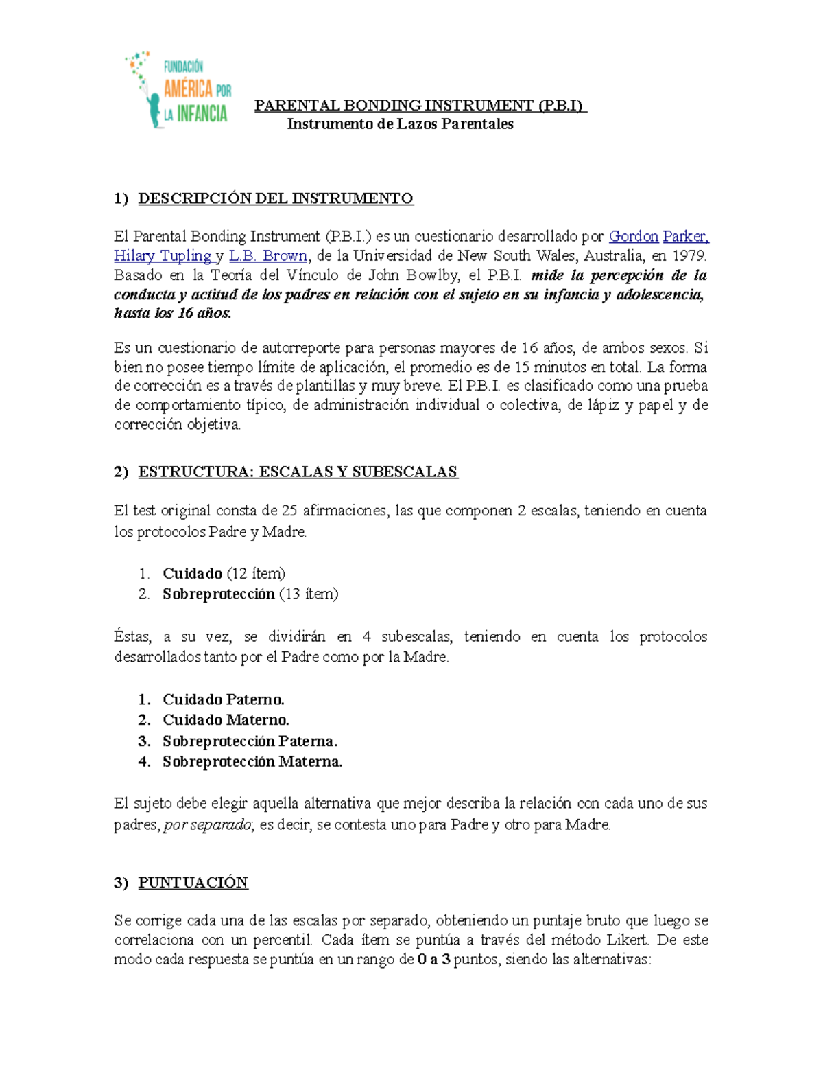PBI - Protocolo - PARENTAL BONDING INSTRUMENT (P.B) Instrumento de ...
