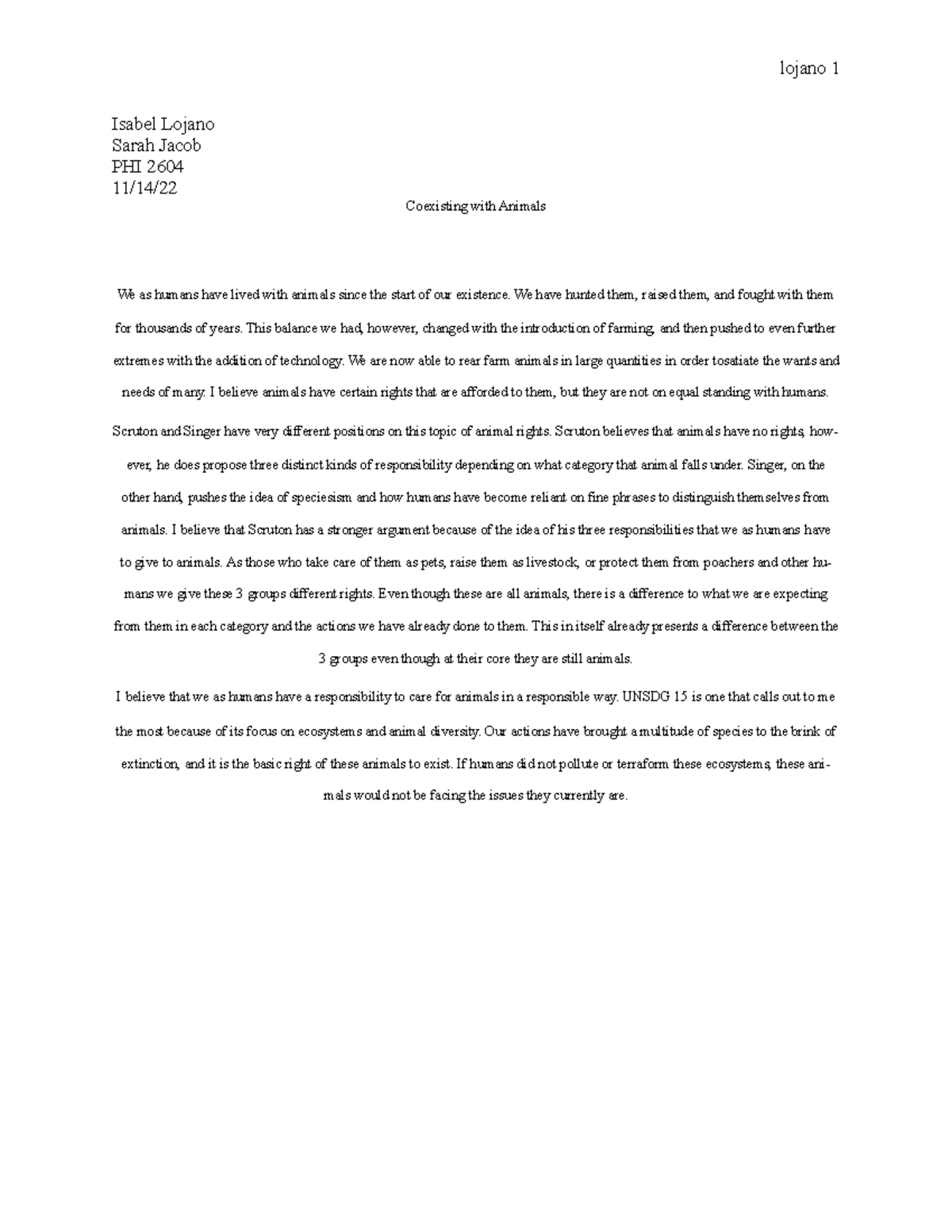Coexisting with Animals - lojano 1 Isabel Lojano Sarah Jacob PHI 2604 ...
