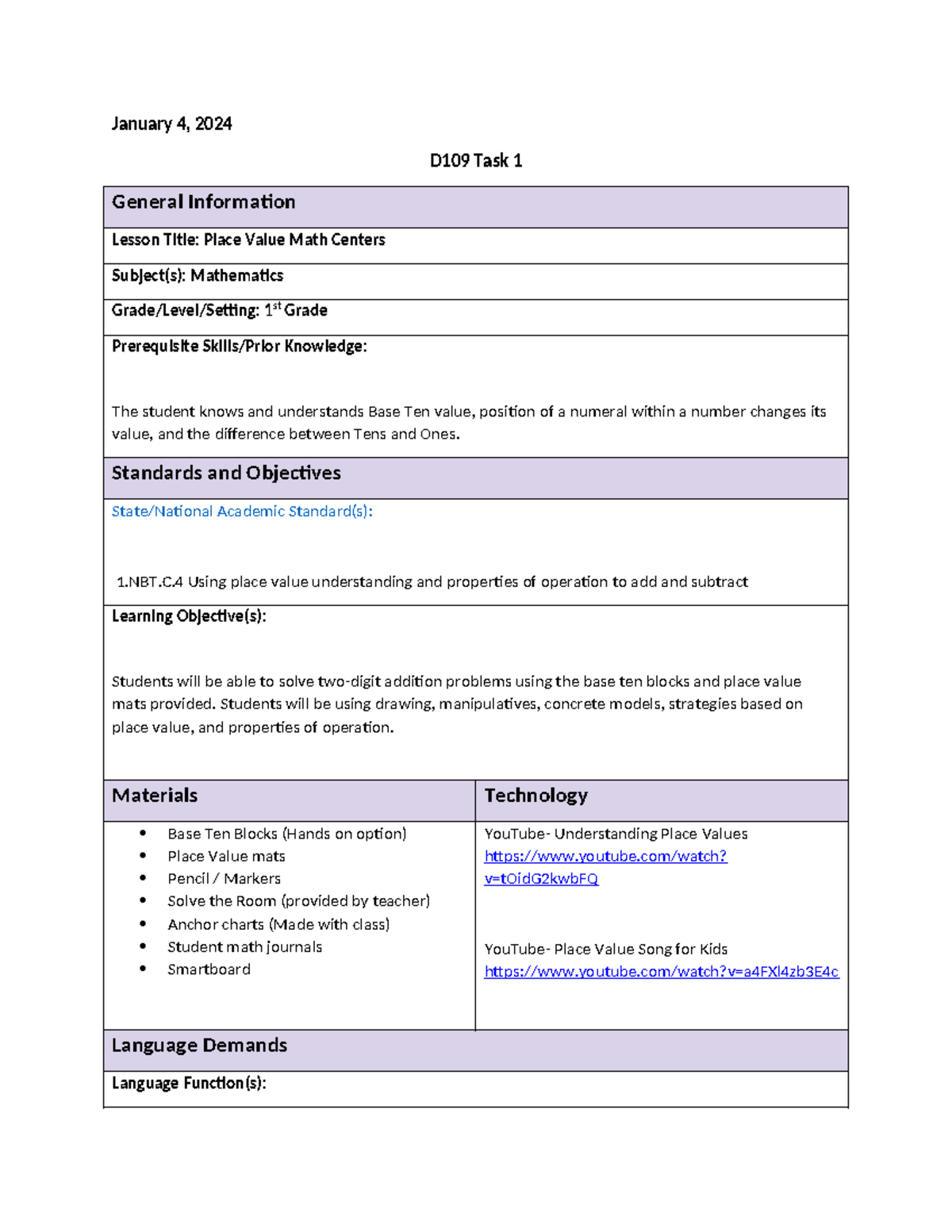 STU C109 Lesson Plan - January 4, 2024 D109 Task 1 General Information Lesson Title: Place Value ...