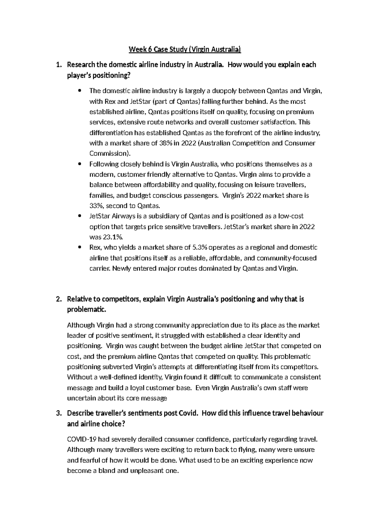 Virgin Case Study - Week 6 Case Study (Virgin Australia) Research the domestic airline industry ...