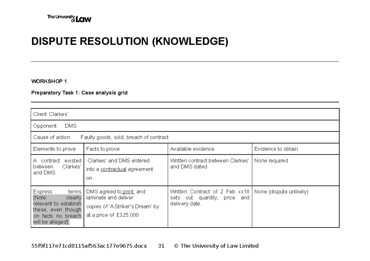 Dispute Resolution Case Analysis Grid - DISPUTE RESOLUTION (KNOWLEDGE ...