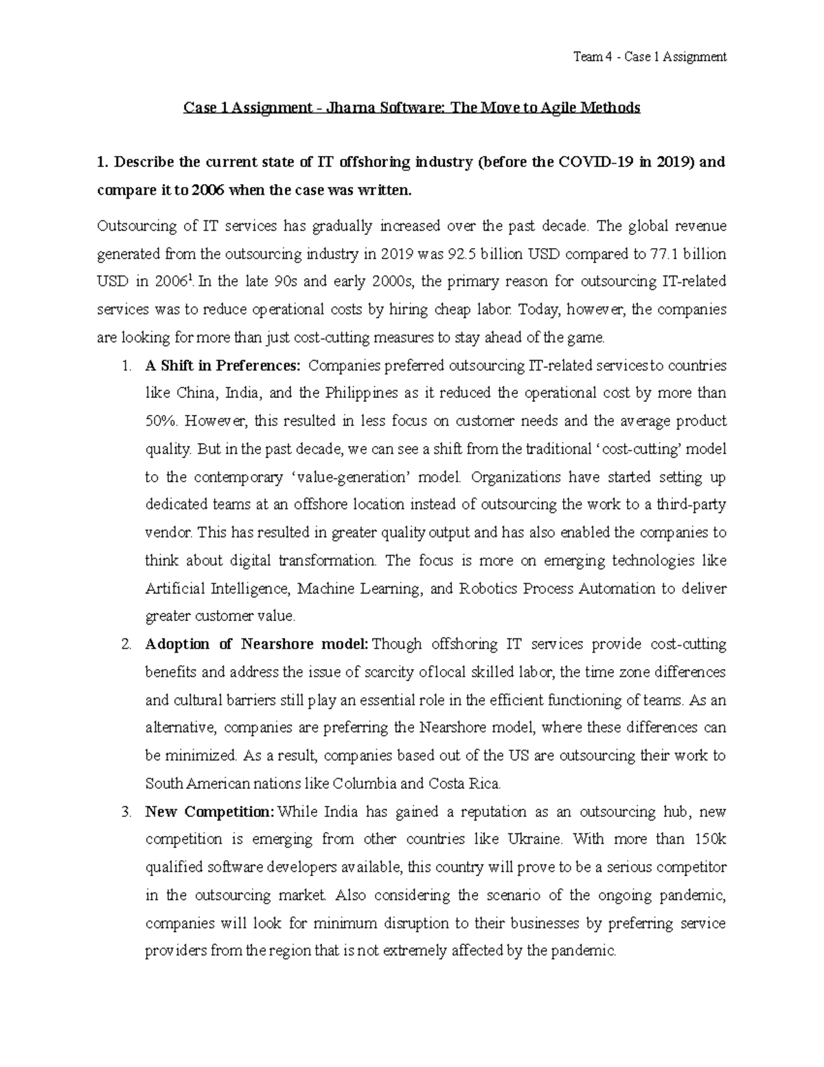 Agile Methodologies in Jharna Industry - Case 1 Assignment - Jharna Software: The Move to Agile ...