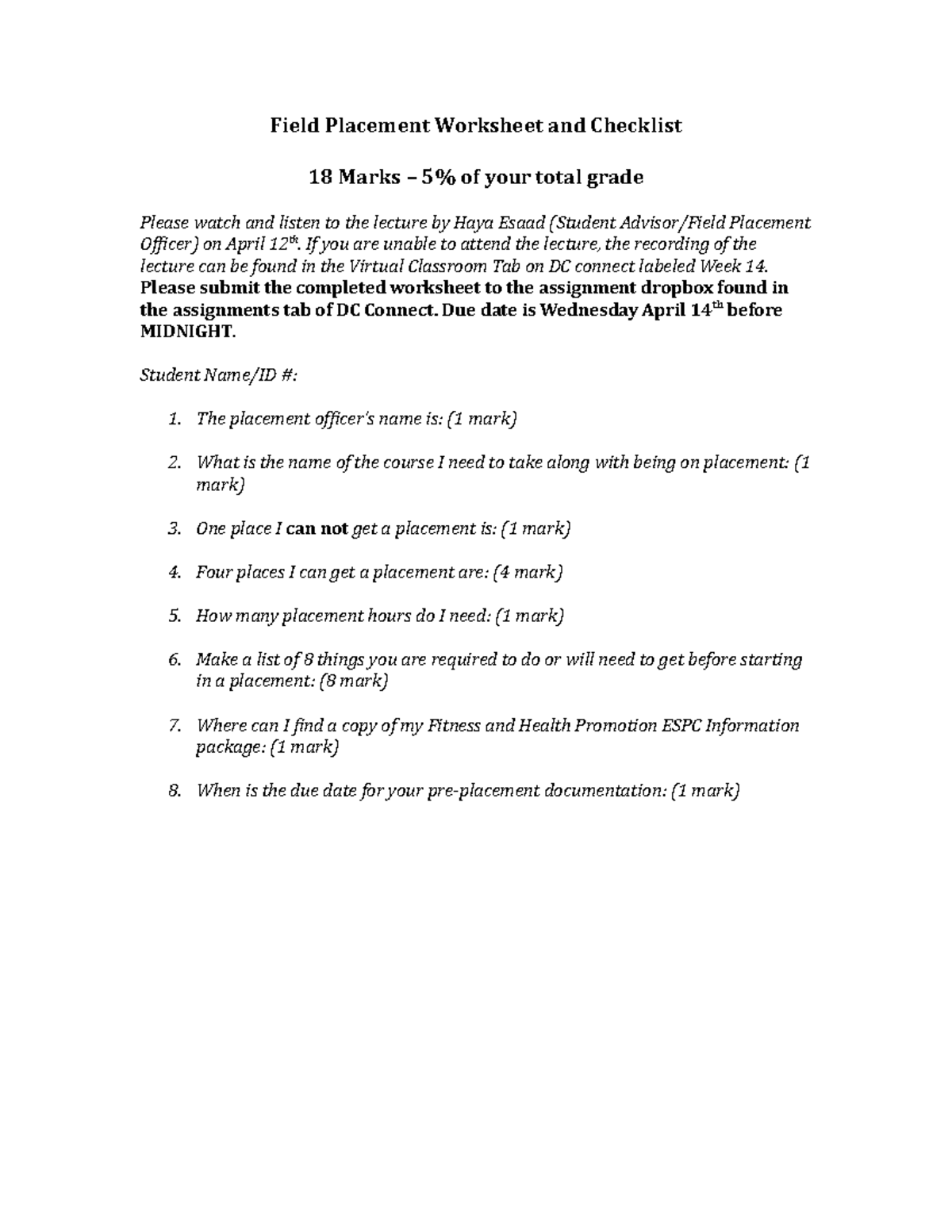 FHP Field Placement Guide - Field Placement Worksheet and Checklist 18 ...