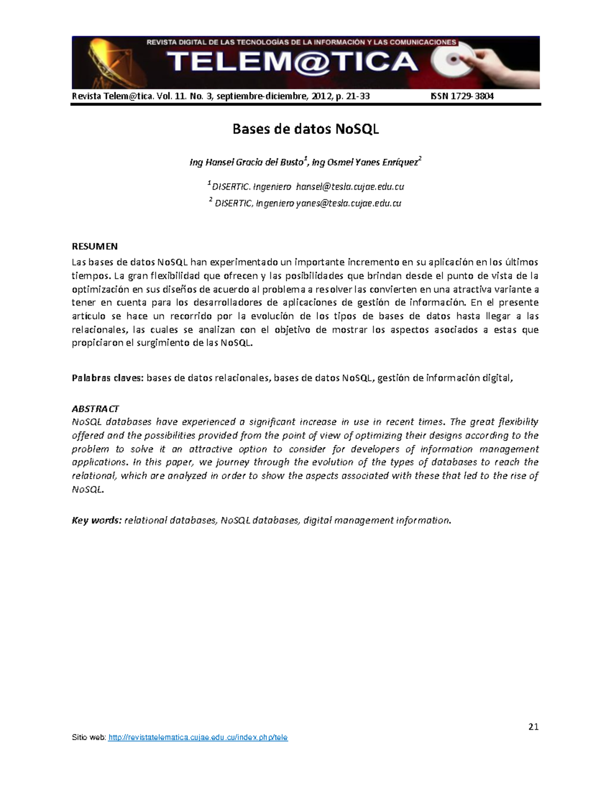 Admin,+Bases+de+datos+No SQL - Revista Telem@tica. Vol. 11. No. 3, septiembre-diciembre, 2012, p ...