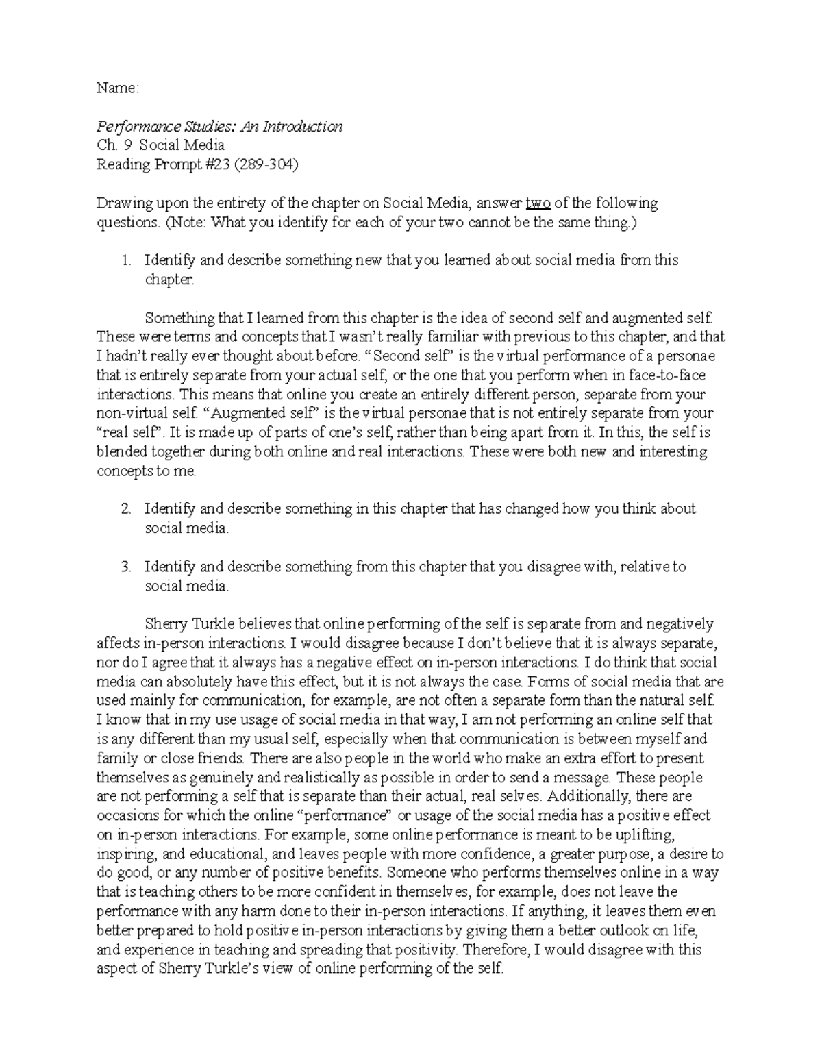 Intro to Performance Studies Reading Prompt (pp 289-304) - Name ...