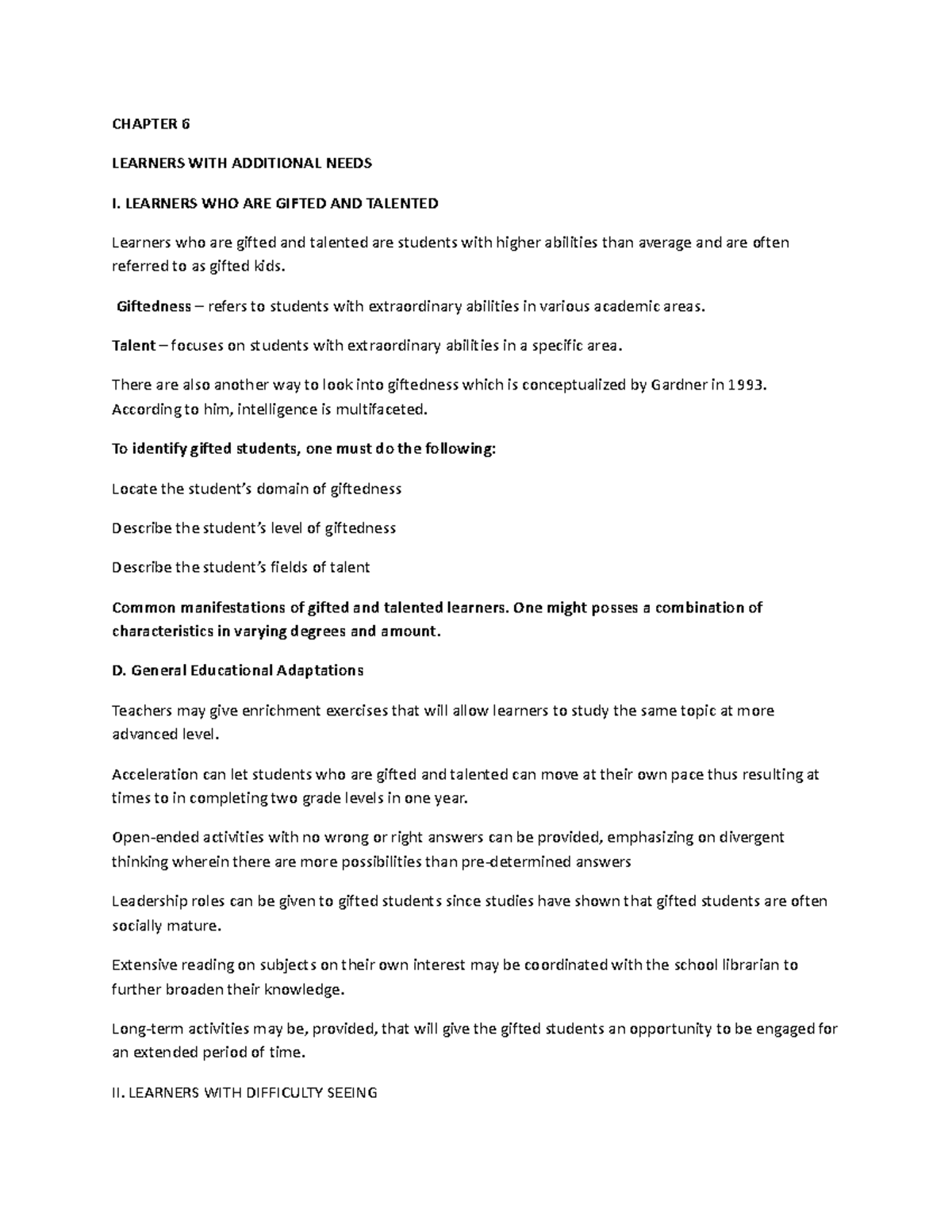 Chapter 6 Learners WITH Additonal Needs - CHAPTER 6 LEARNERS WITH ADDITIONAL NEEDS I. LEARNERS ...