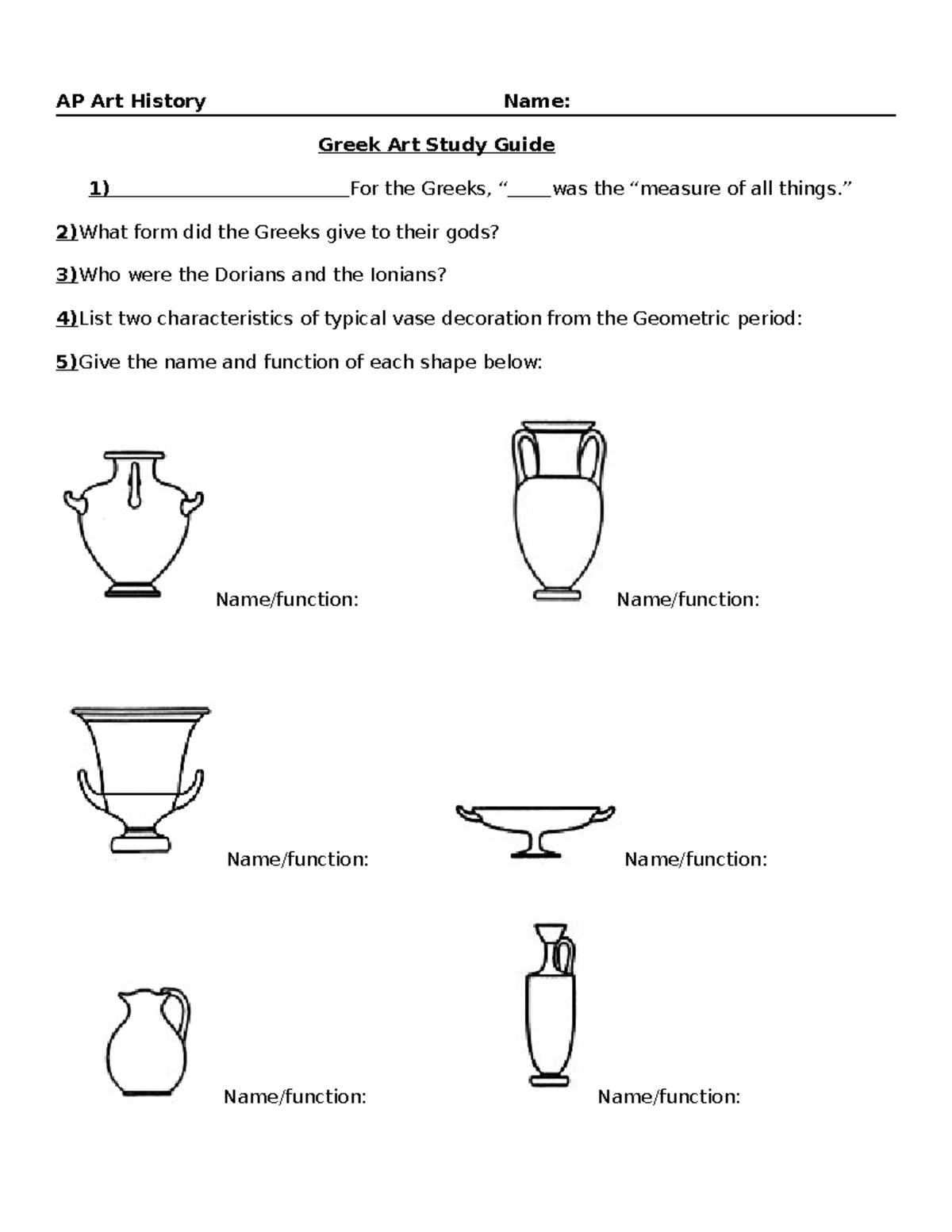 Greek Art Study Guide - AP Art History Name: Greek Art Study Guide For ...