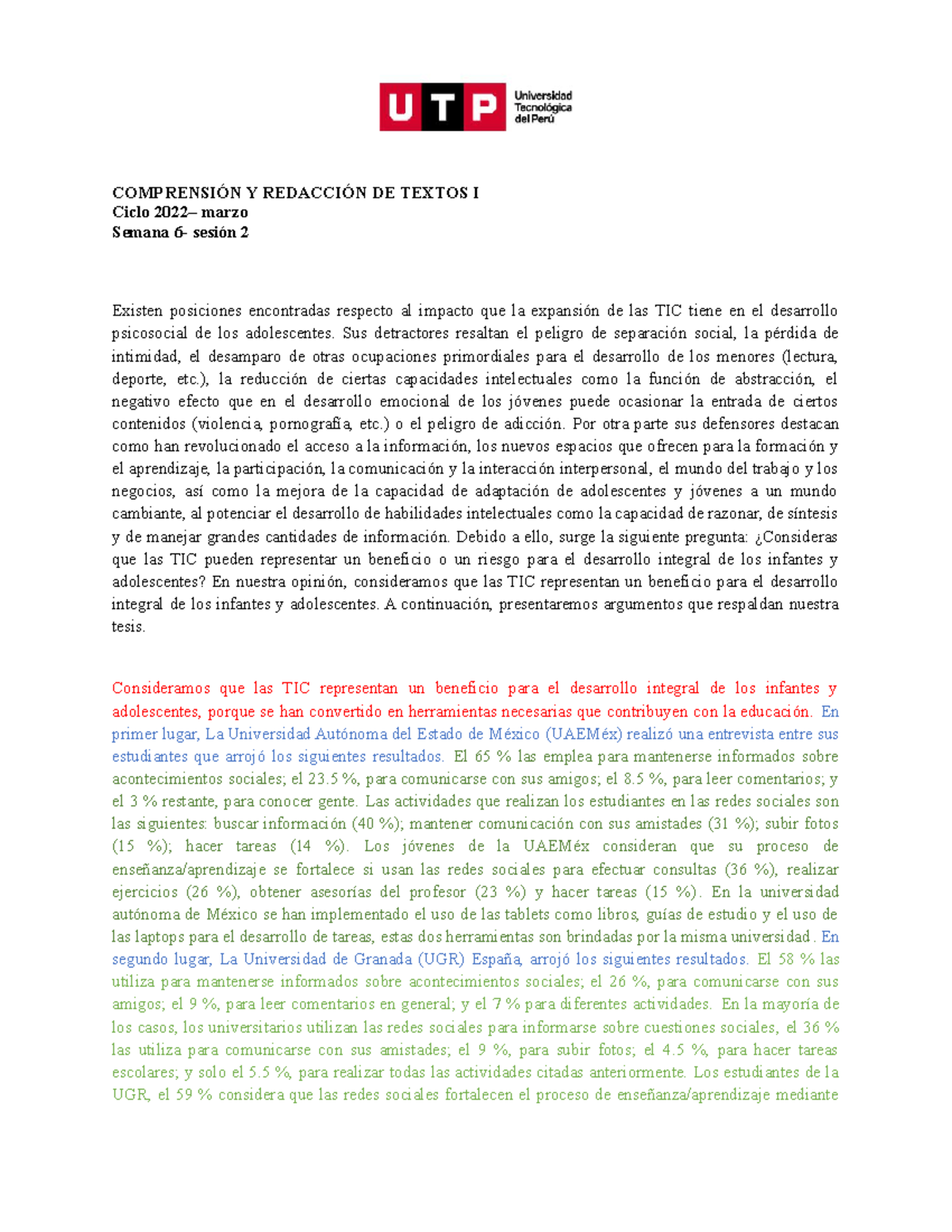 PC 1 - Texto Argumentativo sincronico - Grupo 4 - COMPRENSIÓN Y REDACCIÓN DE TEXTOS I Ciclo 2022 ...