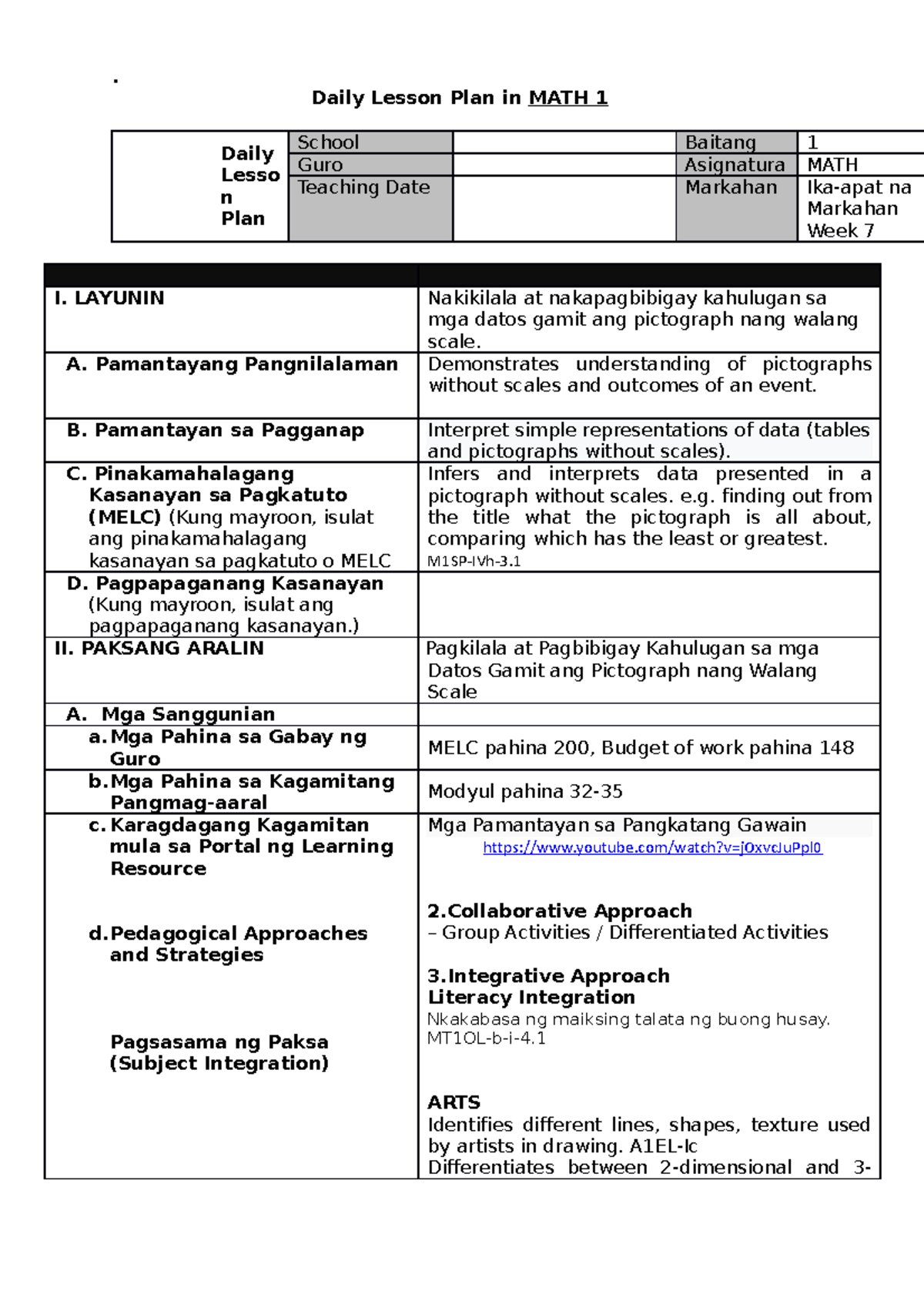 COT 4t - MATH 1 - . Daily Lesson Plan in MATH 1 Daily Lesso n Plan School Baitang 1 Guro ...
