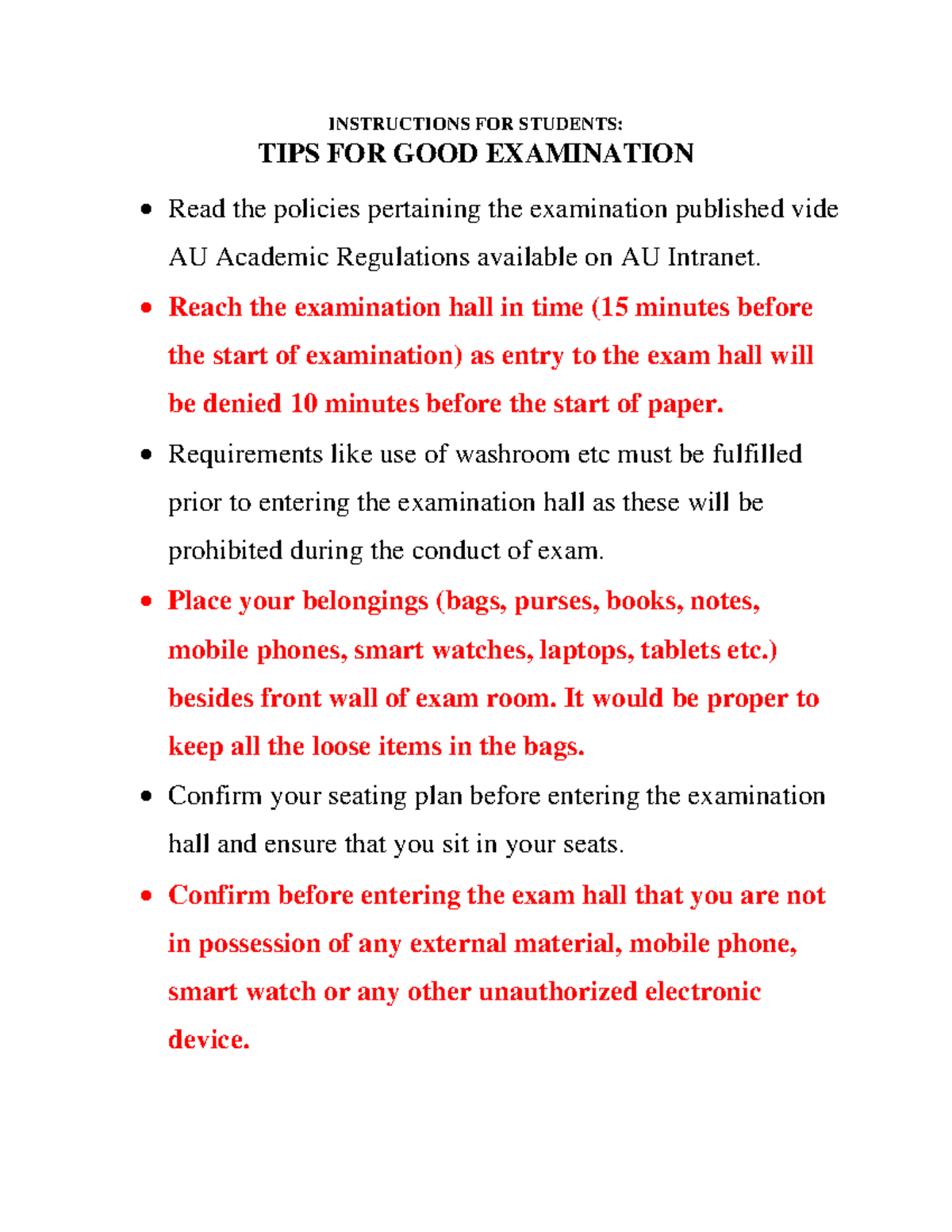 Tips For Good Exam - INSTRUCTIONS FOR STUDENTS: TIPS FOR GOOD ...