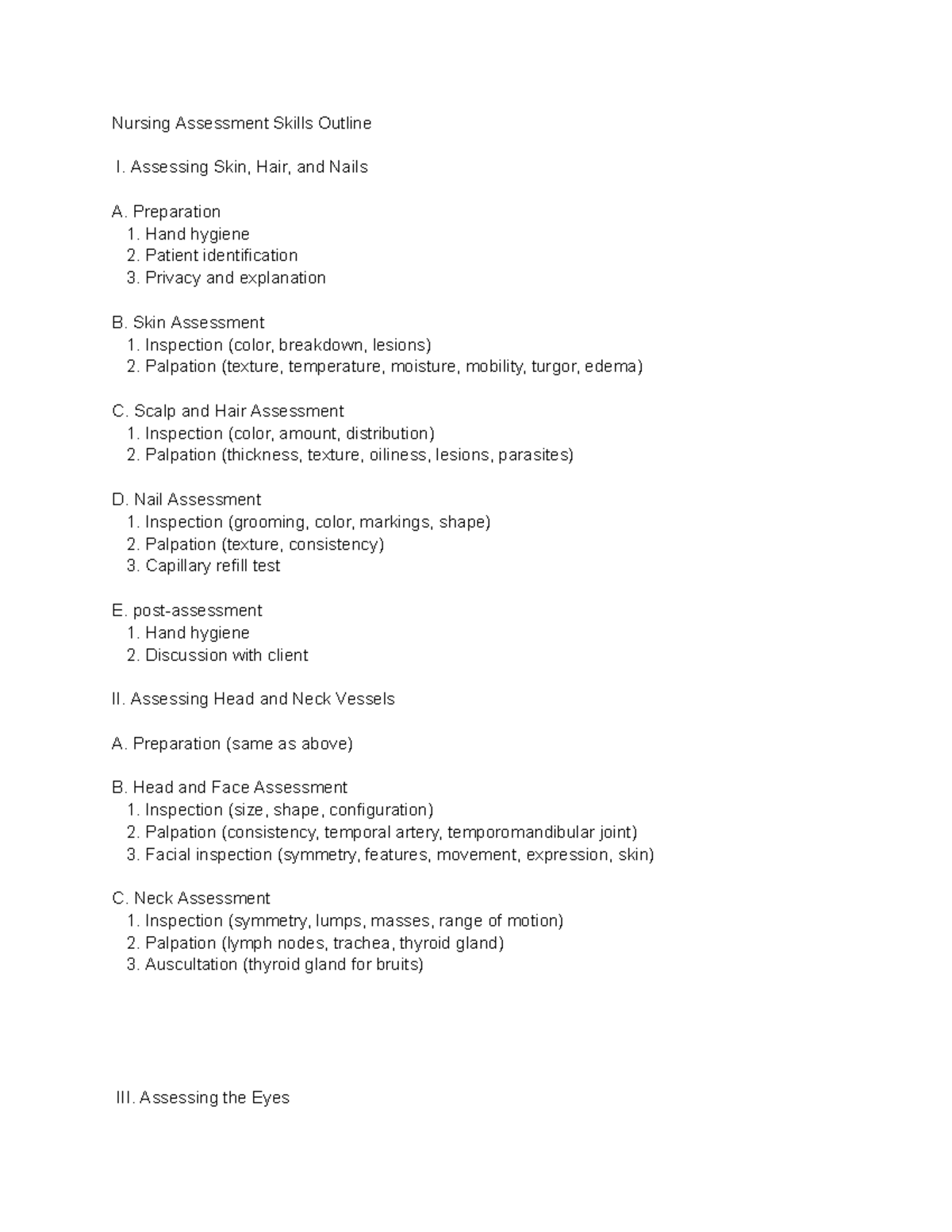 NUR 226 Nursing Assessment Skills Outline for Review on Skin and Heent ...