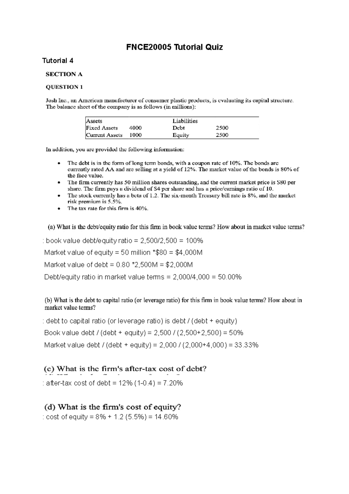 FNCE2000 5 W4 Tutorial Quiz - FNCE20005 Tutorial Quiz Tutorial 4 : book ...