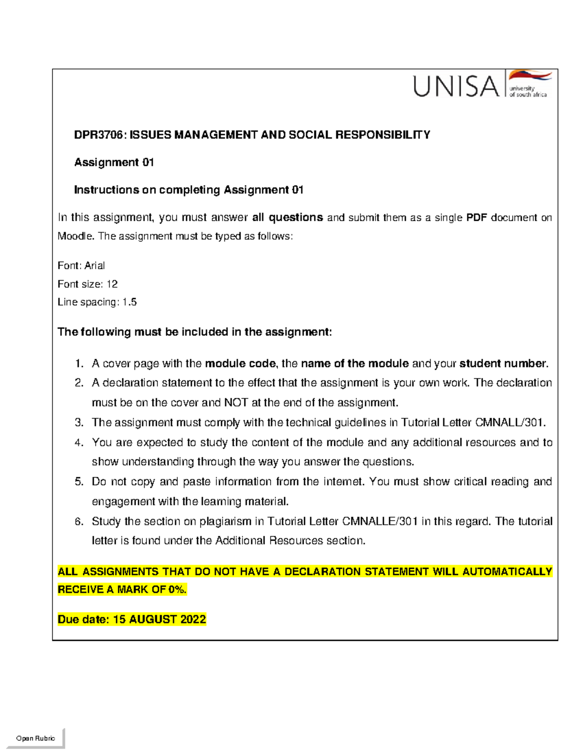 DPR3706 Semester 02 Assignment 01 2022 - DPR3706: ISSUES MANAGEMENT AND SOCIAL RESPONSIBILITY ...