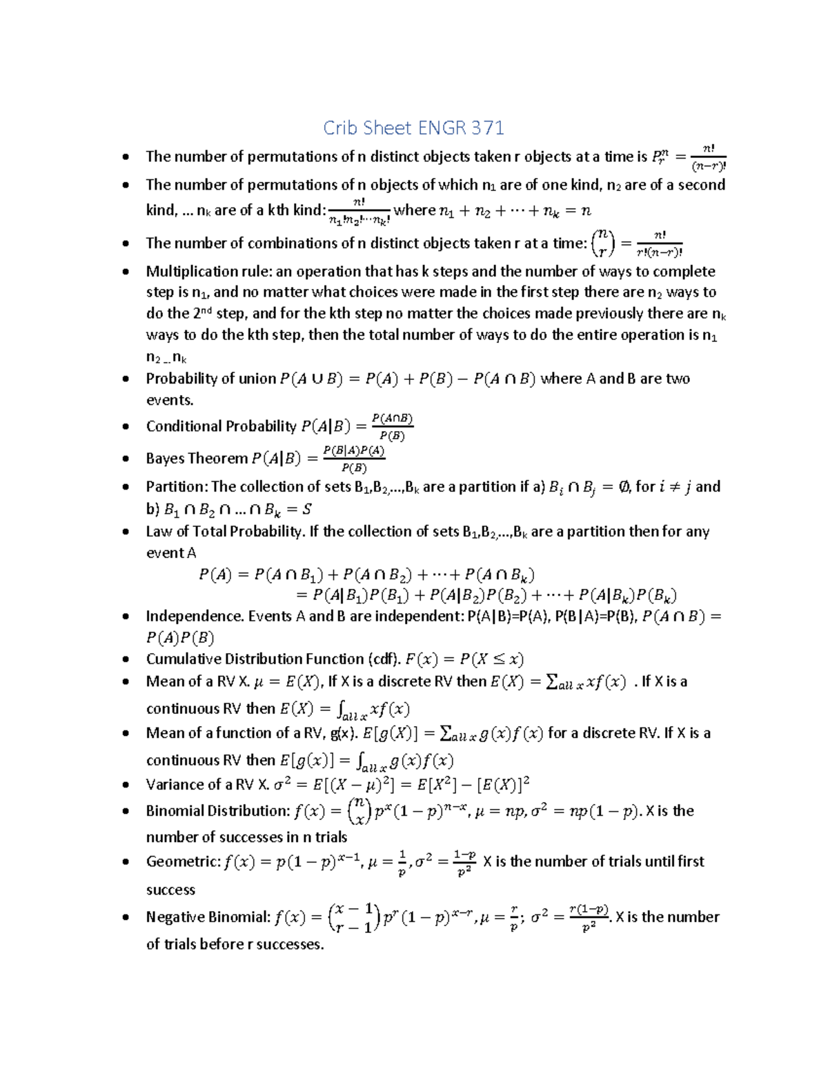 Crib sheet for final exam dec 2023 - Crib Sheet ENGR 371 • The number ...