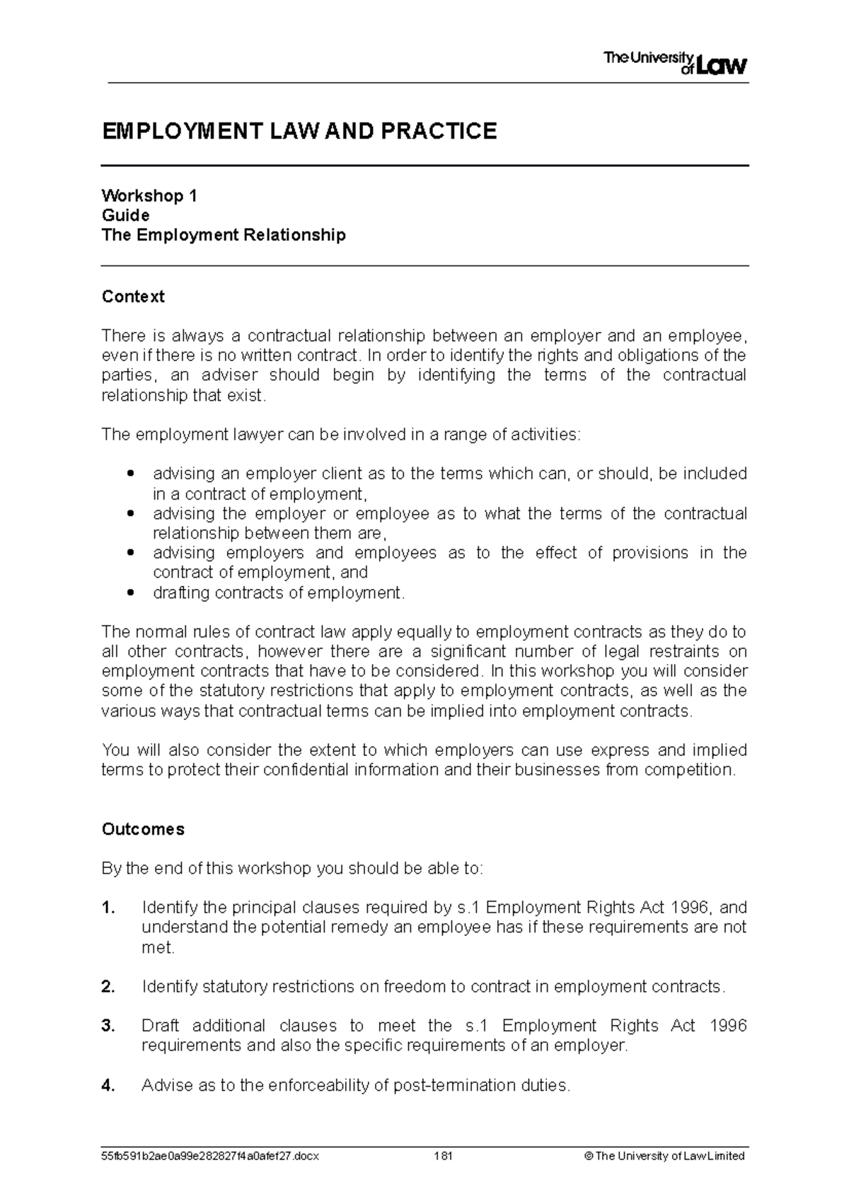 Emp WS1 - detailed notes - EMPLOYMENT LAW AND PRACTICE Workshop 1 Guide ...