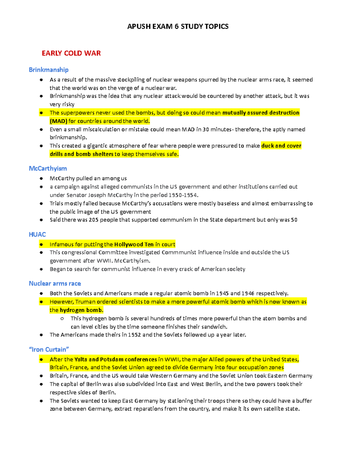 APUSH Exam 6 Study Guide - EARLY COLD WAR Brinkmanship As a result of ...