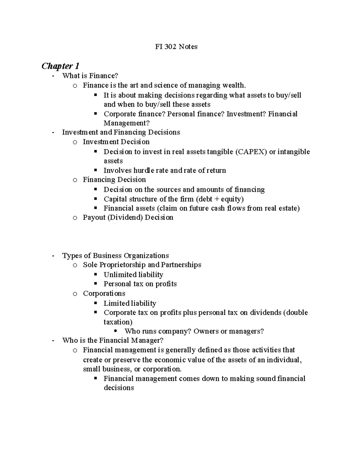 FI 302 Notes - yeah - FI 302 Notes Chapter 1 - What is Finance? o ...