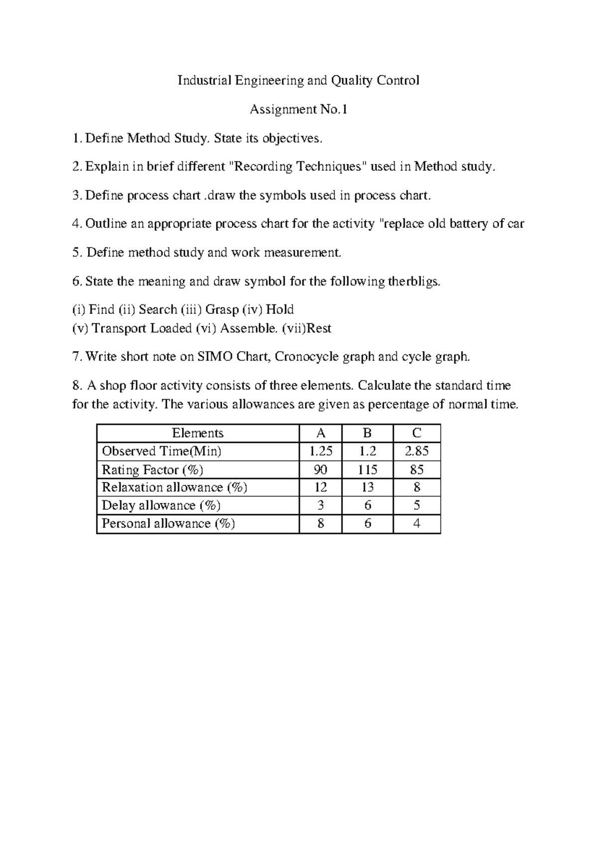 IEQ Assignment - Industrial Engineering and Quality Control Assignment ...