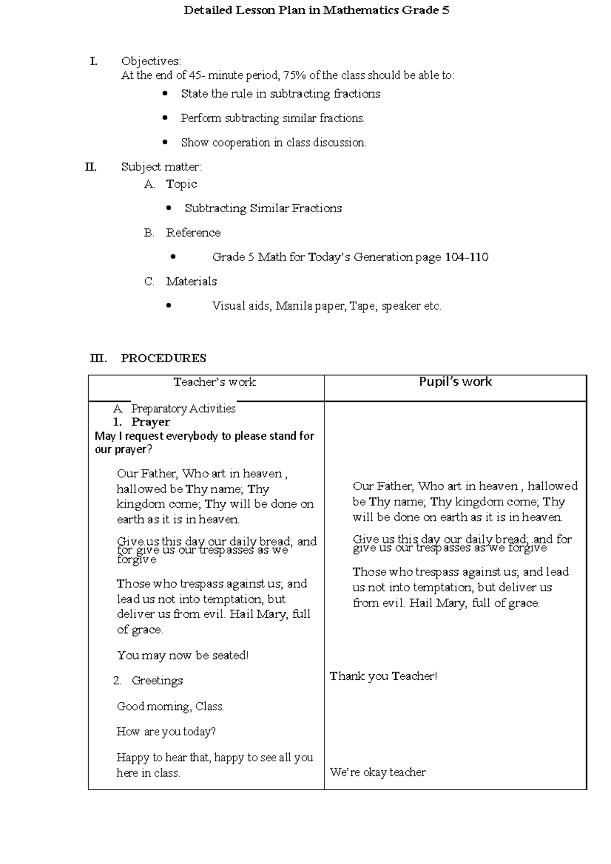 Detailed Lesson Plan in Mathematics Grade 5 - Objectives: At the end of ...