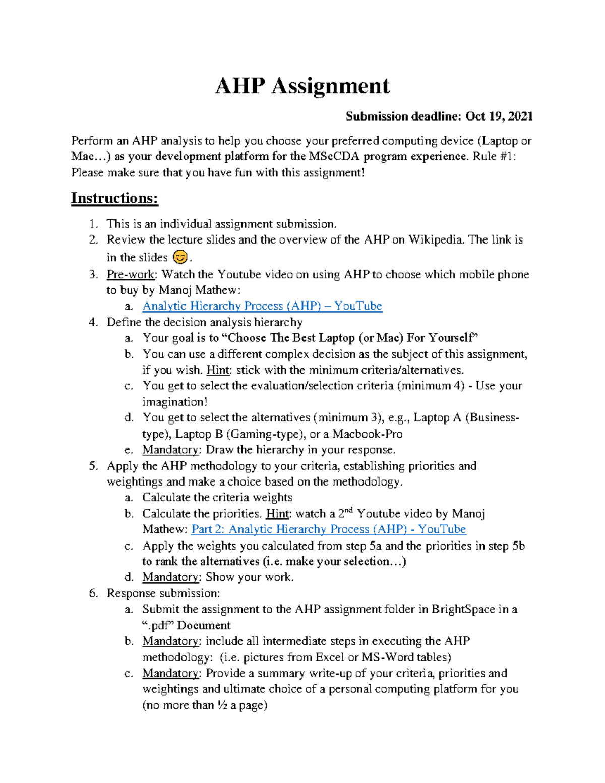 Assignment AHP Analytic hierarchy process - 2302 - SMU - Studocu