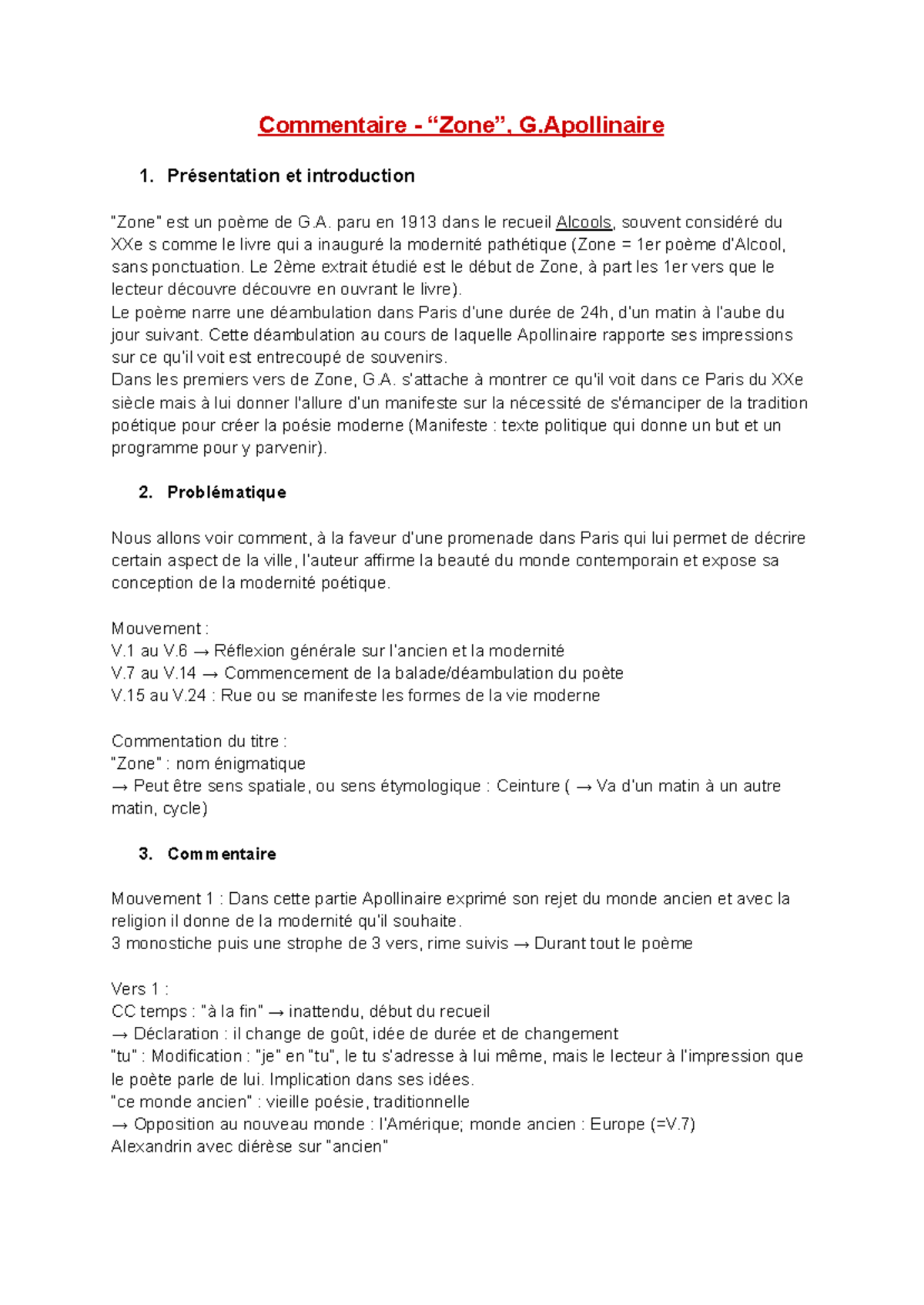 Commentaire linéaire - “Zone”, Apollinaire - Commentaire - “Zone”, G 1. Présentation et ...