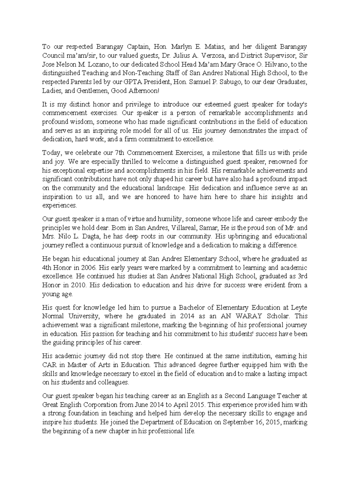 Introduction OF Guest Speaker 2024 - To our respected Barangay Captain ...