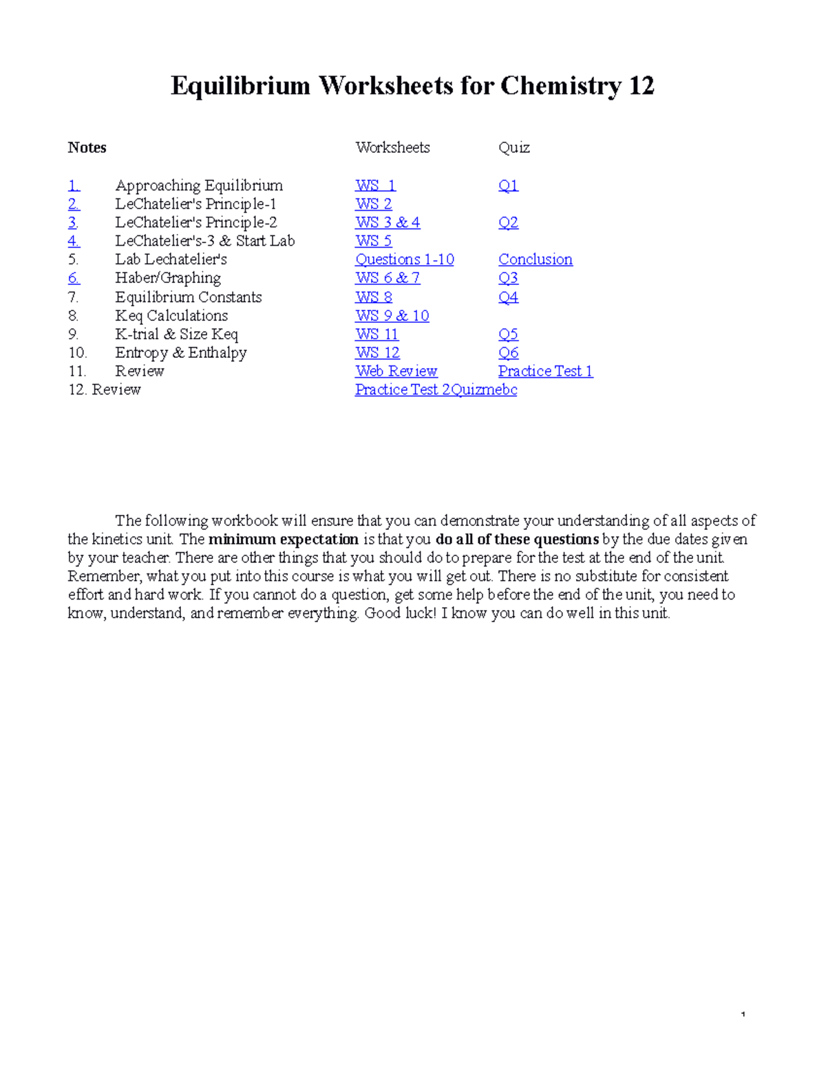Workbook - Equilibrium - Equilibrium Worksheets for Chemistry 12 Notes ...