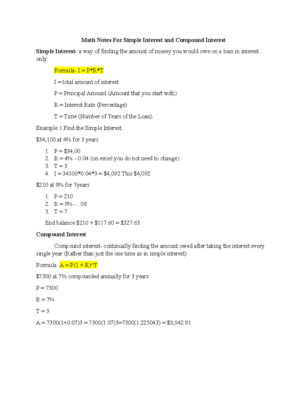 Math Notes Simple Interest and Compound Interest - MAT 142 - ASU - Studocu