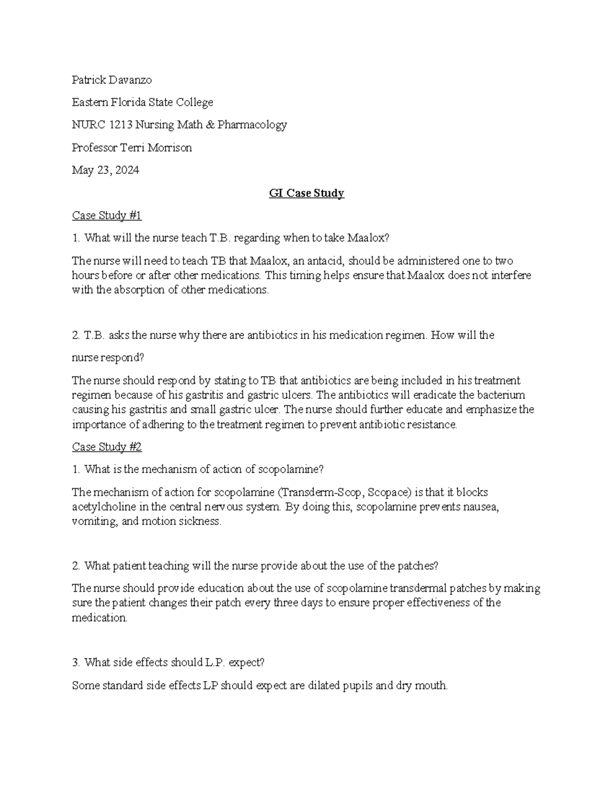 GI Case Study - Patrick Davanzo Eastern Florida State College NURC 1213 ...