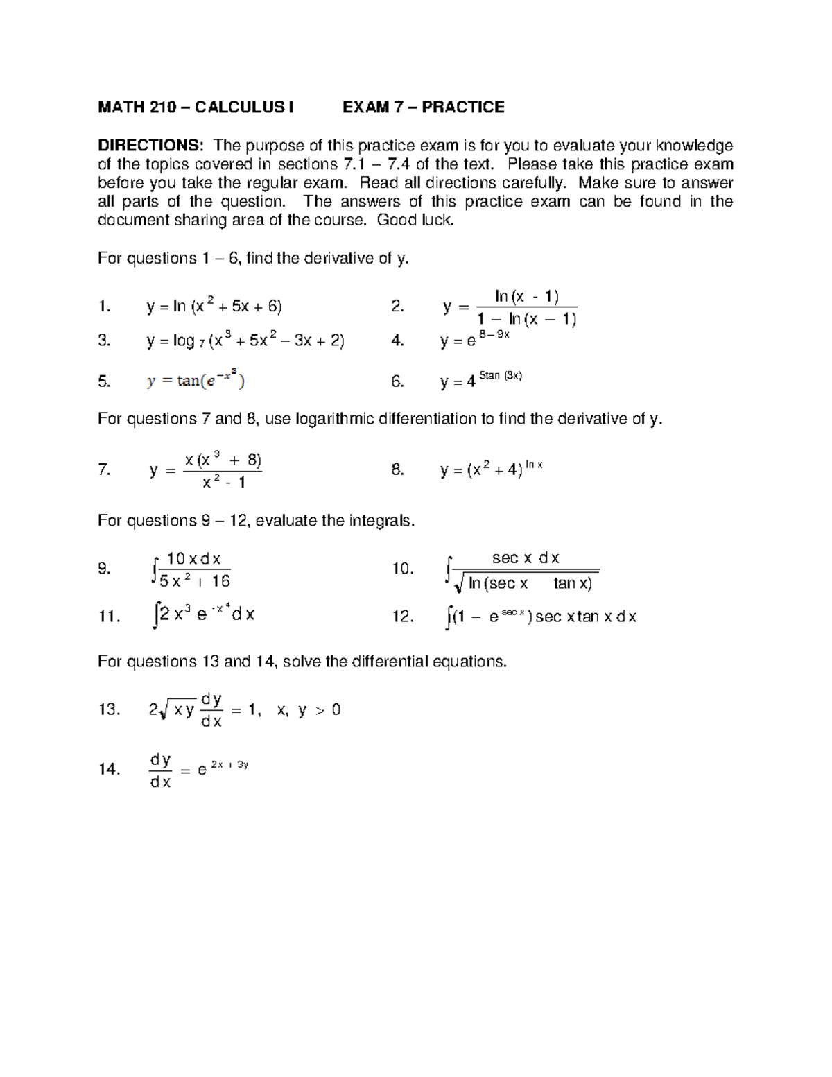 Math 210 exam 7 practice exam - MATH 210 – CALCULUS I EXAM 7 – PRACTICE ...