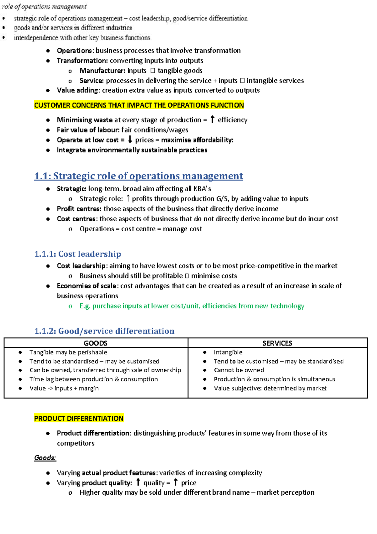 Role of operations notes - Operations: business processes that involve ...
