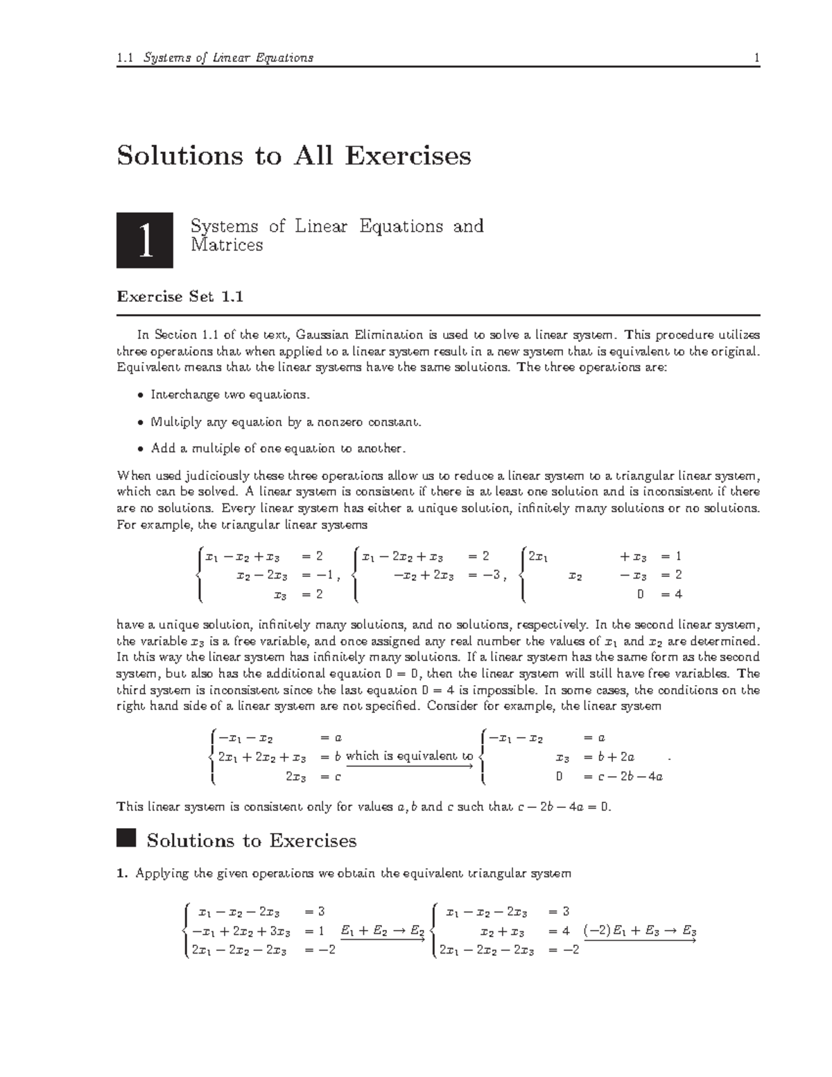 Solution manual 218 - 1 Systems of Linear Equations 1 Solutions to All ...
