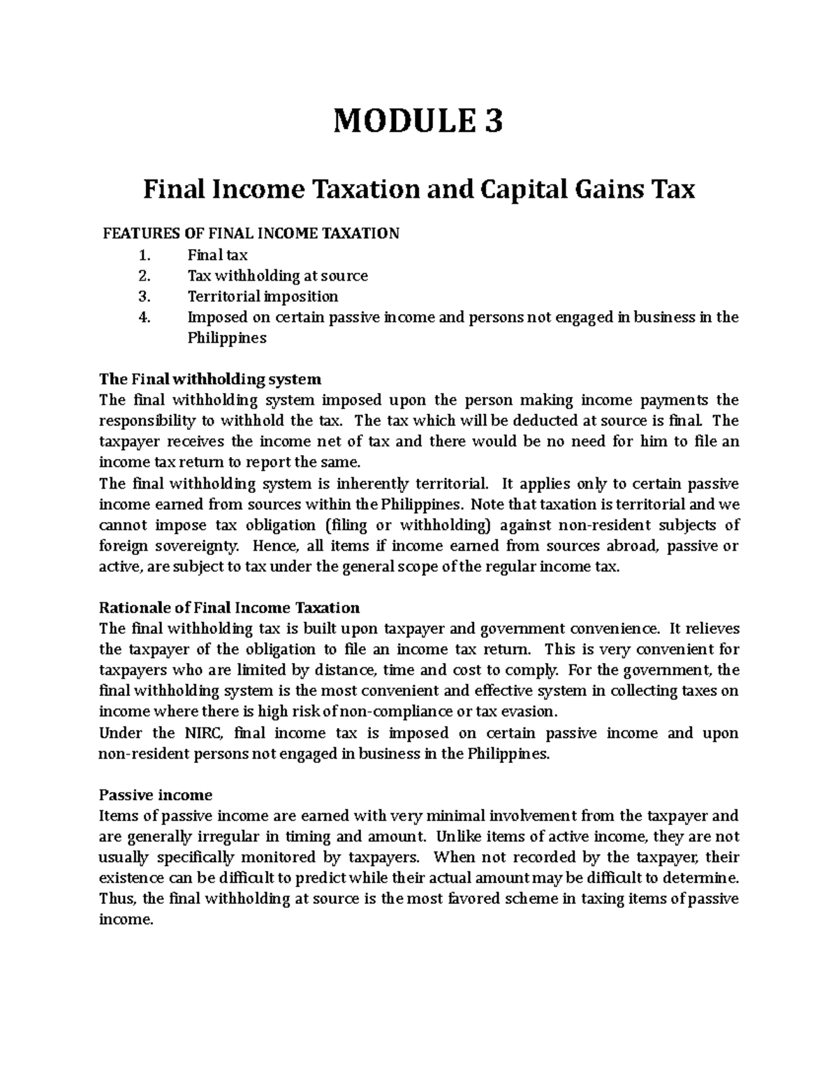Module 3 Individual FIT and CGT - MODULE 3 Final Income Taxation and ...