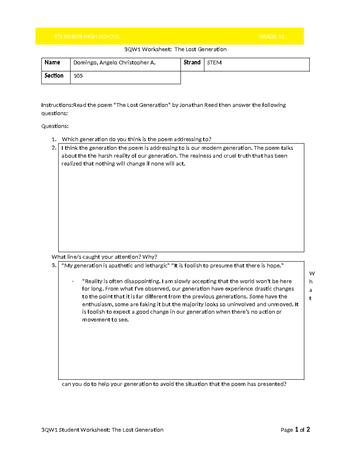 G113QW1 Worksheet - The Lost Generation Domingo - 3QW1 Worksheet: The ...