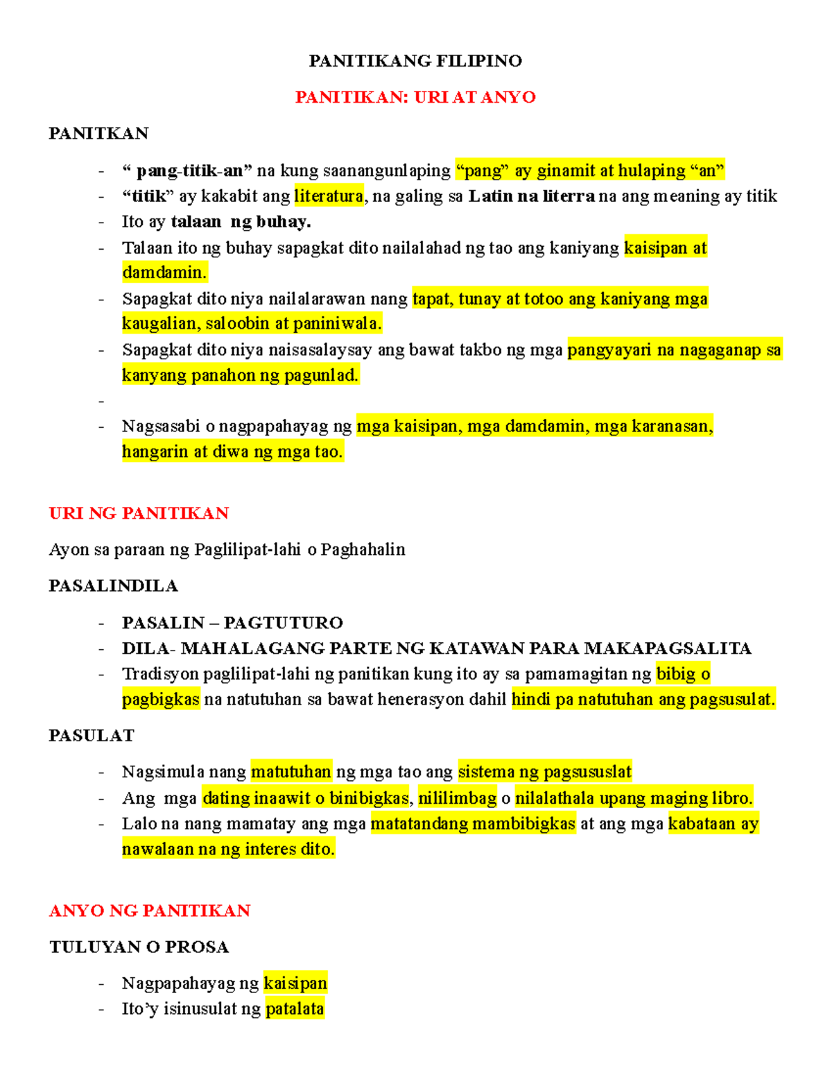 Reviewer FOR Panitikang Filipino Midterm - PANITIKANG FILIPINO ...