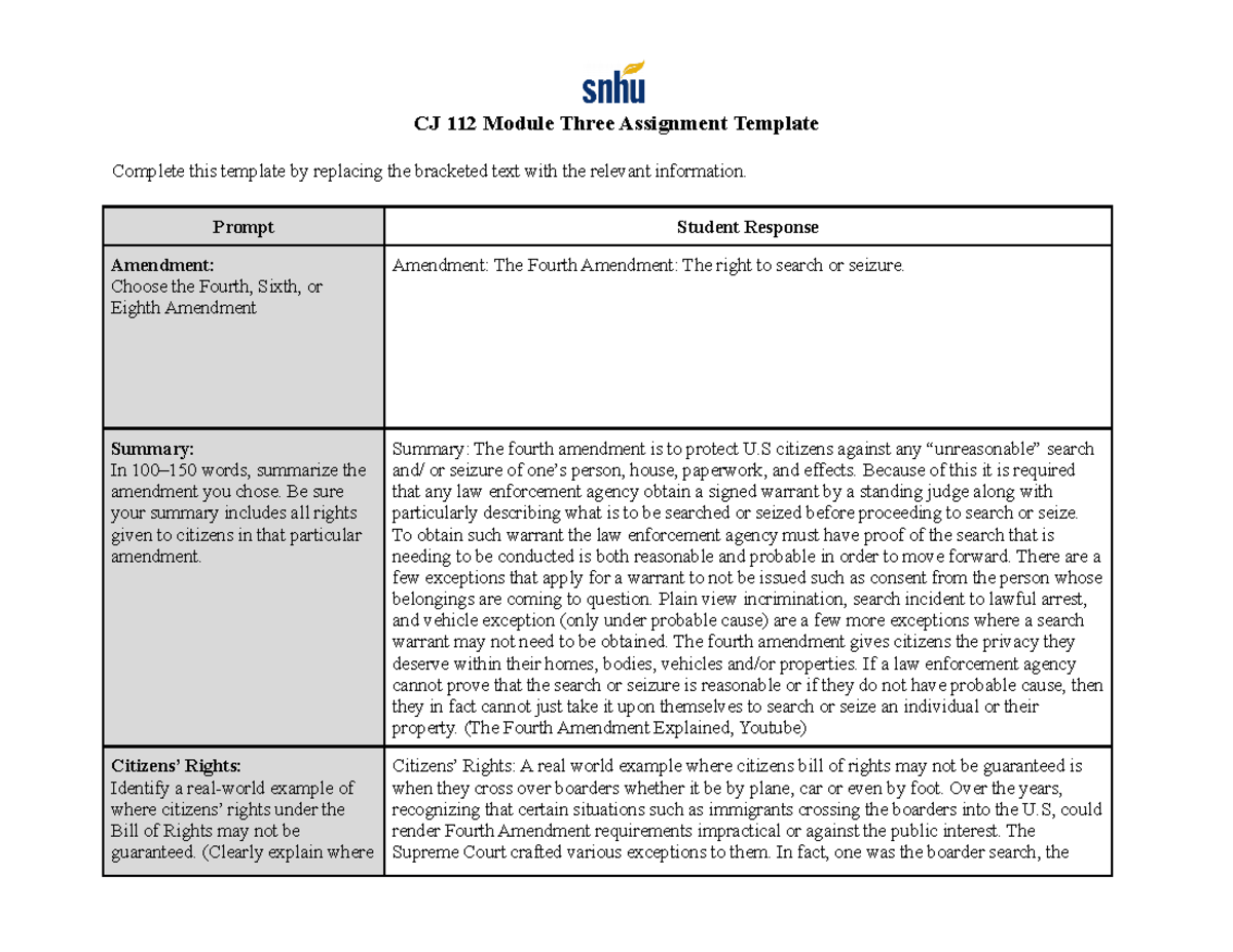CJ 112 Module Three Assignment - Prompt Student Response Amendment: Choose the Fourth, Sixth, or ...