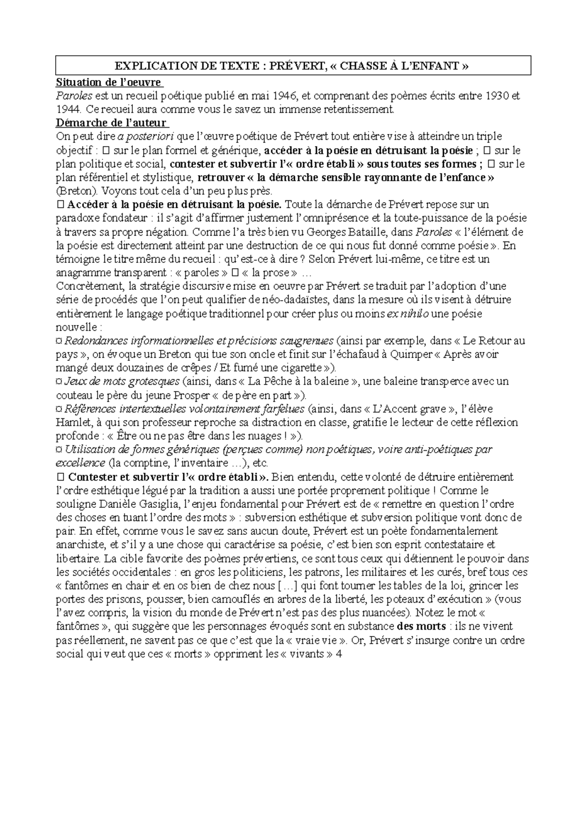 Explication DE Texte Prevert Chasse A L Enfant - EXPLICATION DE TEXTE ...