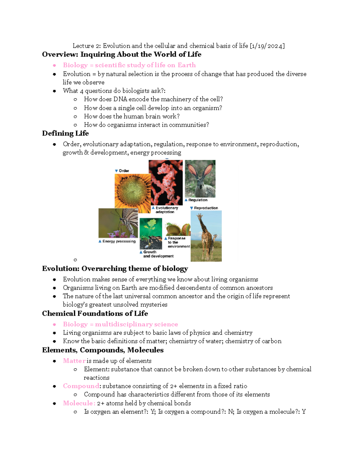 BIO 1A LEC 2 Evolution and the cellular and chemical basis of life ...
