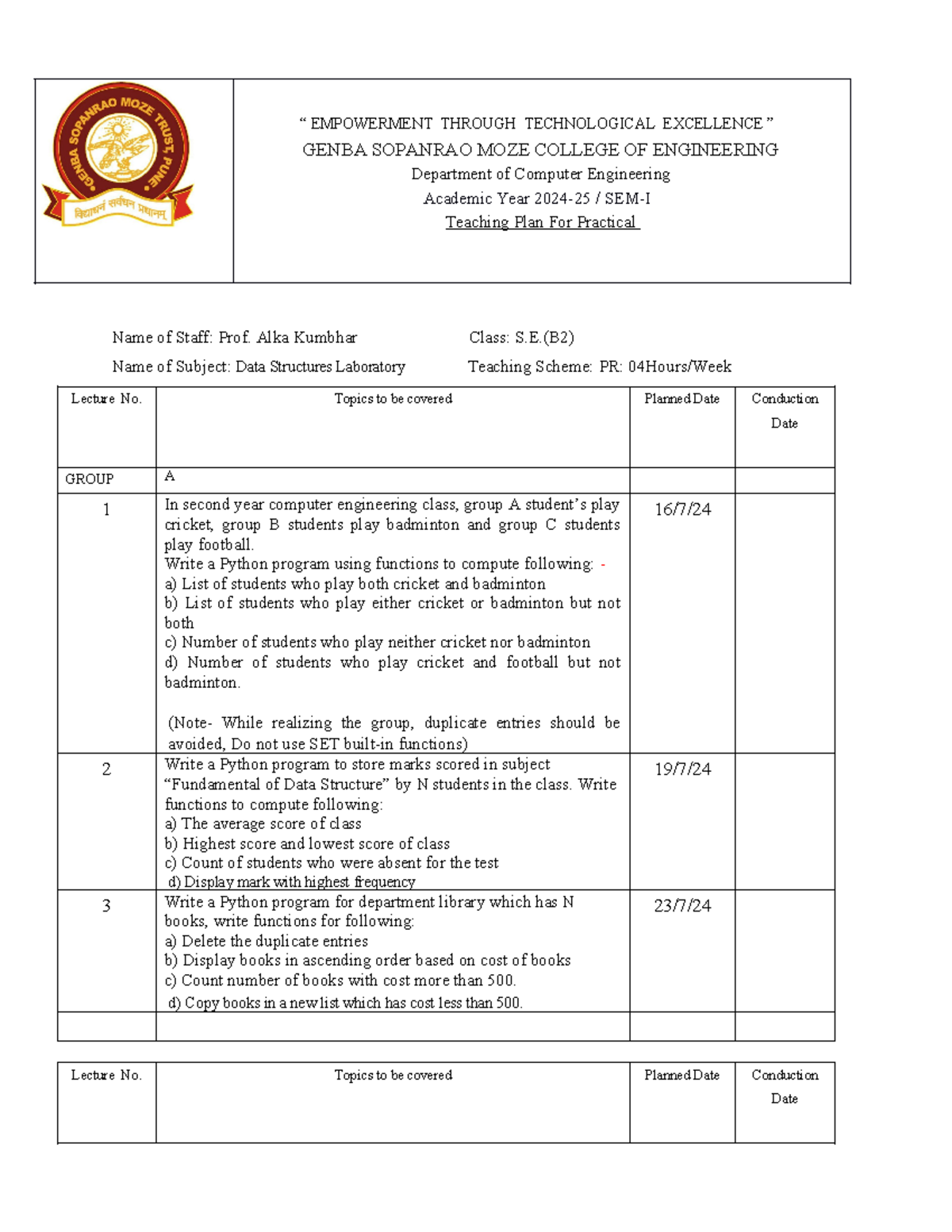 Practical Plan Dsl B2 “ Empowerment Through Technological Excellence ” Genba Sopanrao Moze